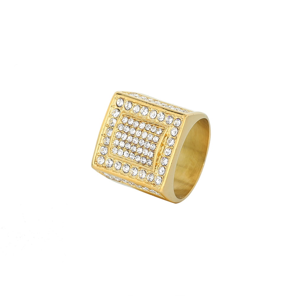 HIP HOP Bling Iced Out14K Yellow Gold Geometric Square Rings for Men ...