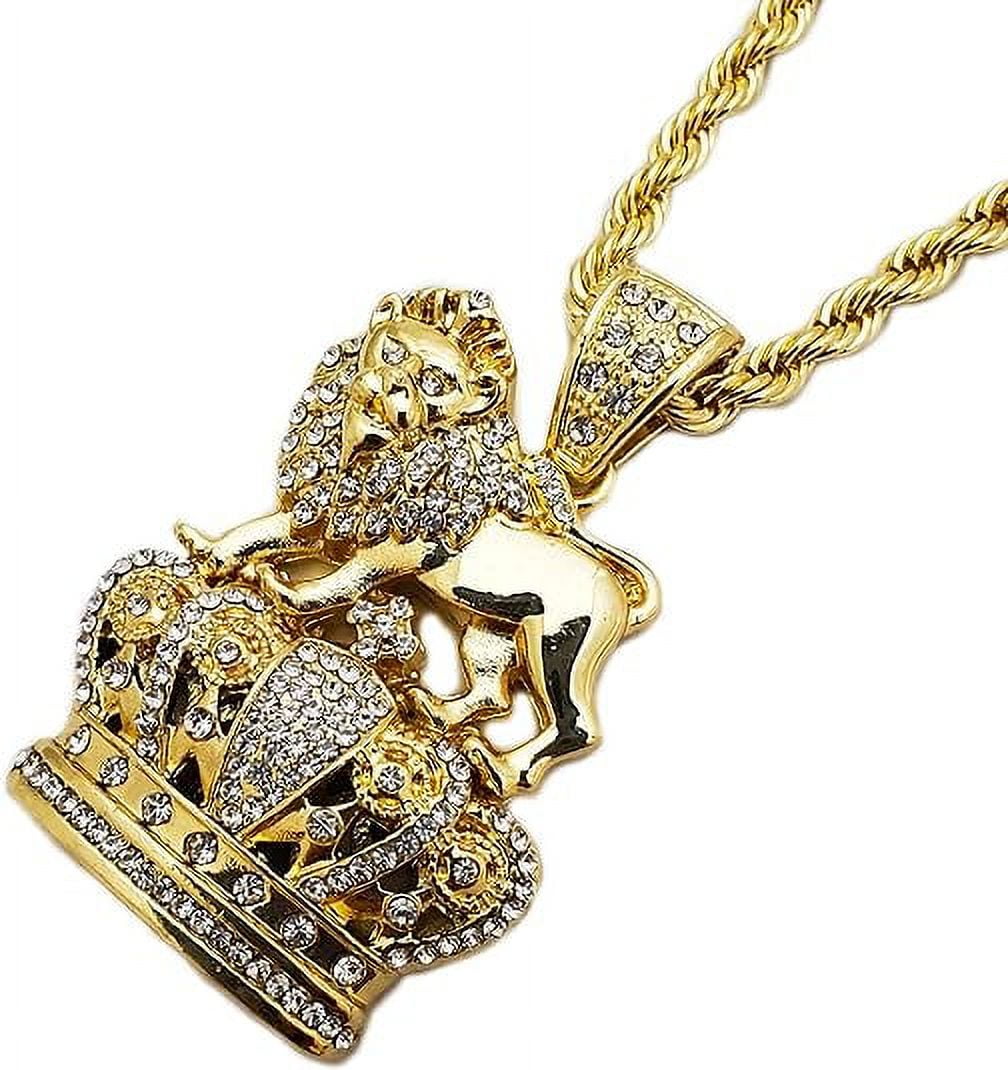 HIP HOP FULL ICED GOLD PLATED CUBIC ZIRCONIA LION KING CROWN PENDANT ...