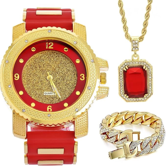 HIP HOP GOLD AND RED PLATED CUBIC ZIRCONIA SILICONE RUBBER BULLET BAND ...