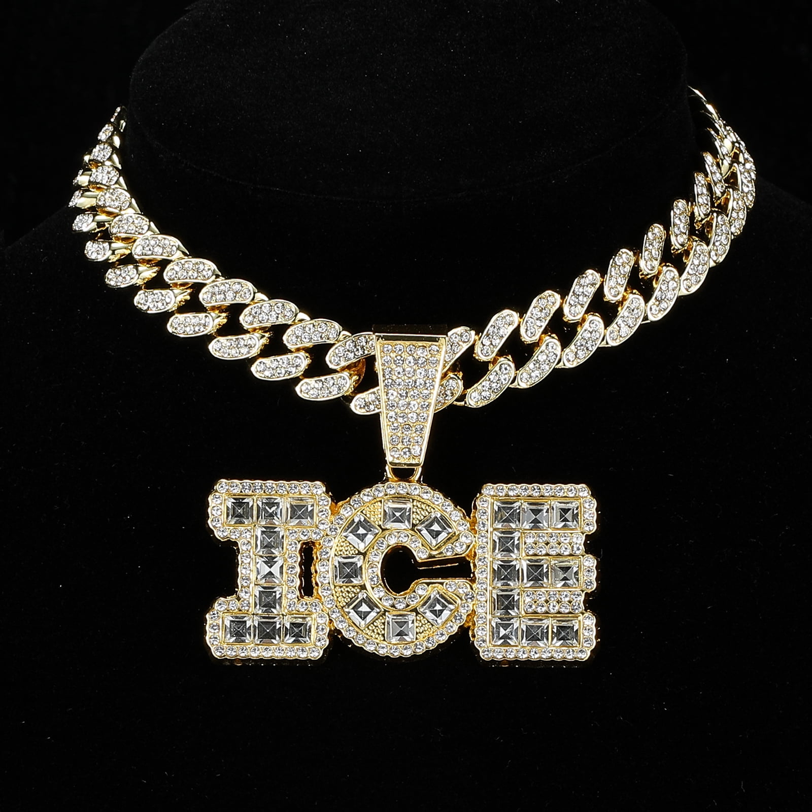 HIP Iced Out Letters ICE Pendants With 13mm Cuban Link Chain Rhinestone ...