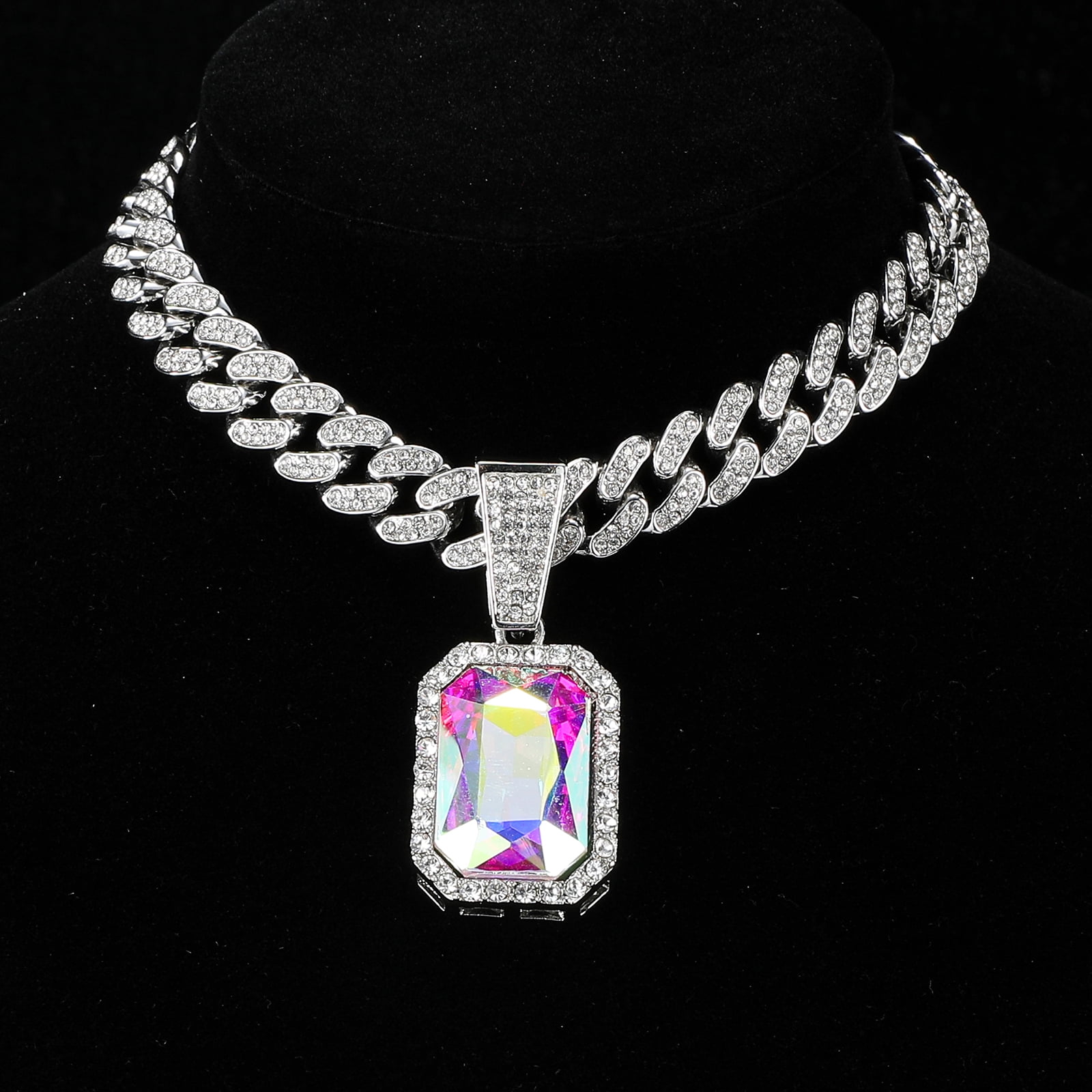 HIP Iced Out Square Pendants With 13mm Cuban Link Chain Rhinestone ...