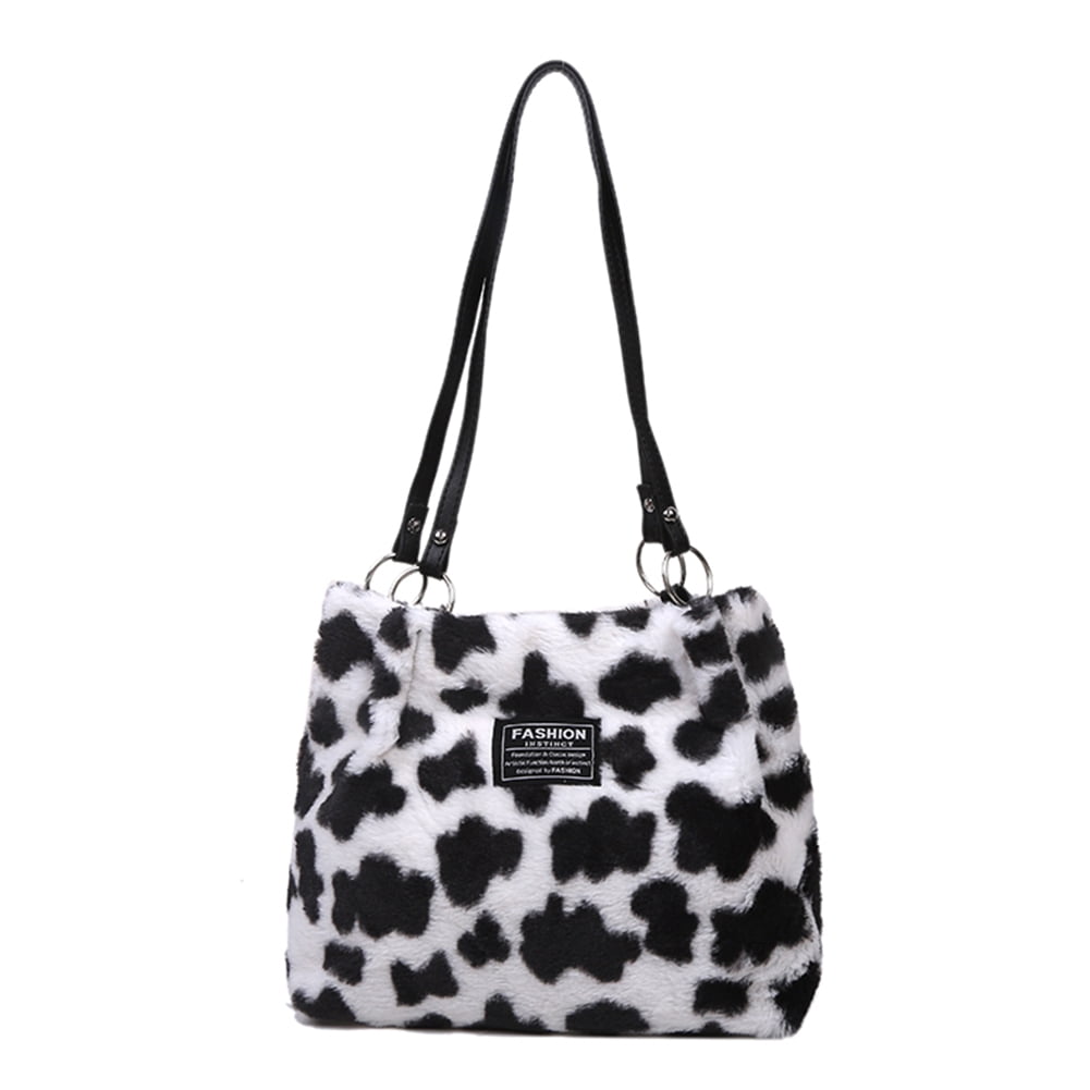 HIPKZ Furry Shoulder Bag Zebra/cow Pattern Fluffy Satchel Bag Cute Tote ...