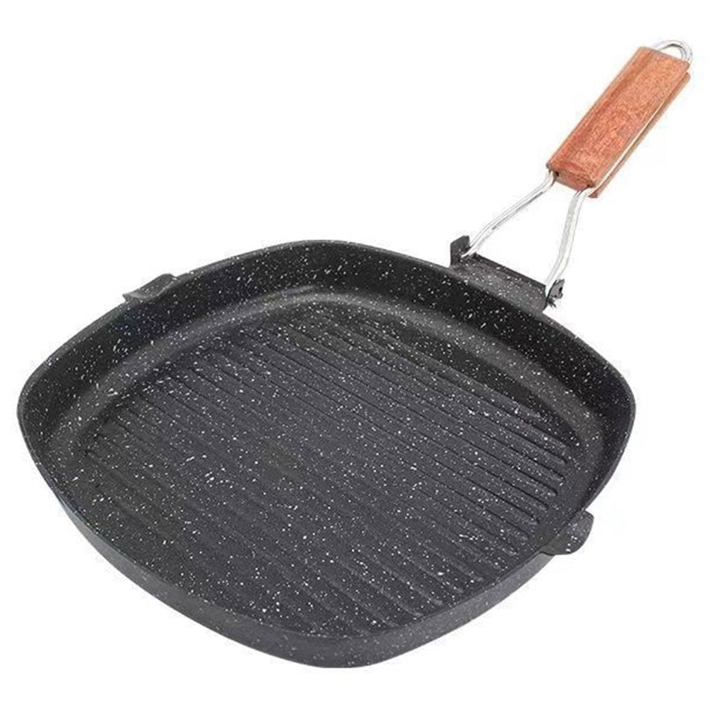 HIPKZ Nonstick Frying Pan Foldable Wooden Handle Grilling Pan Grill ...