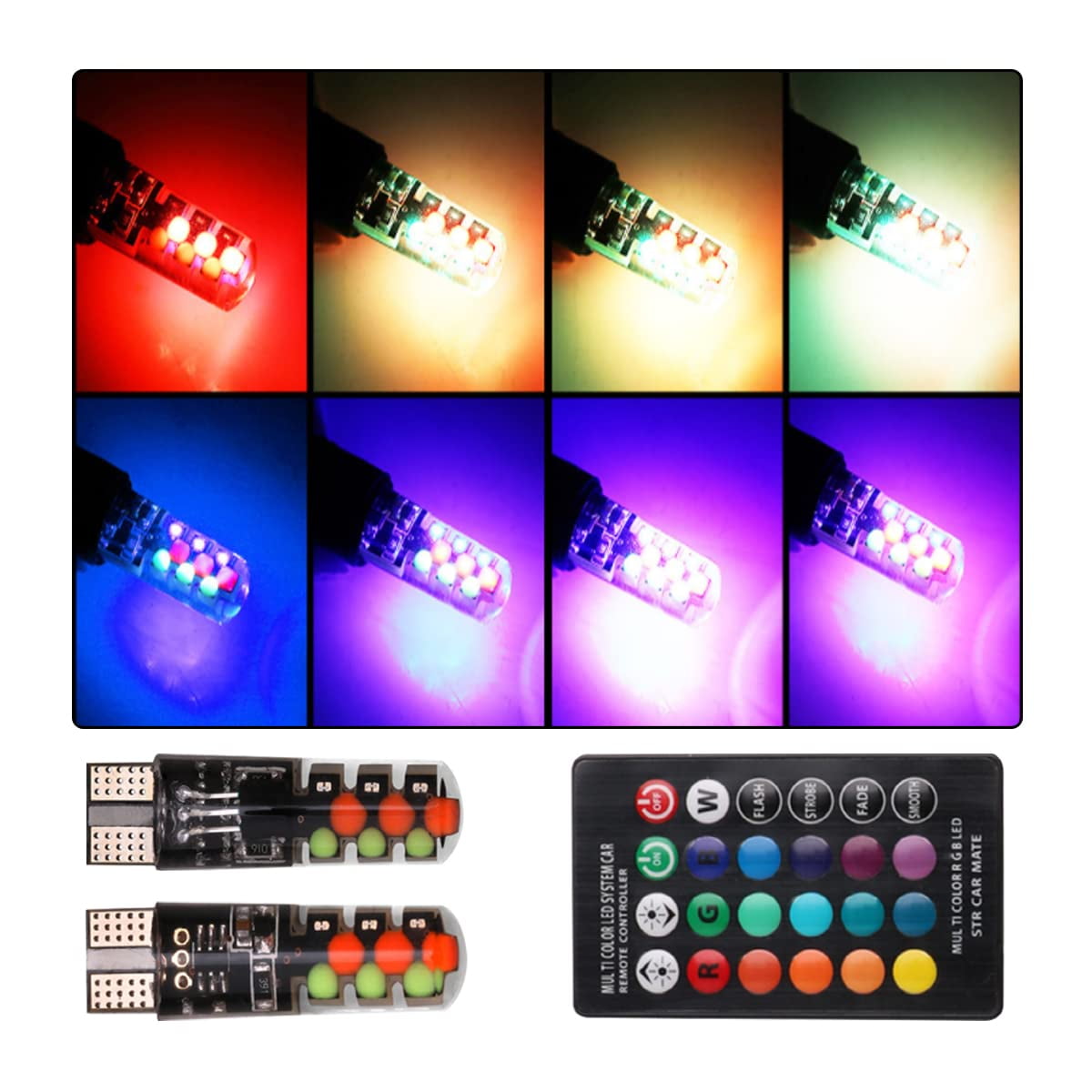 HIPOPY Car T10 RGB LED Bulb Width Light with Remote Control, 2pcs Multi ...