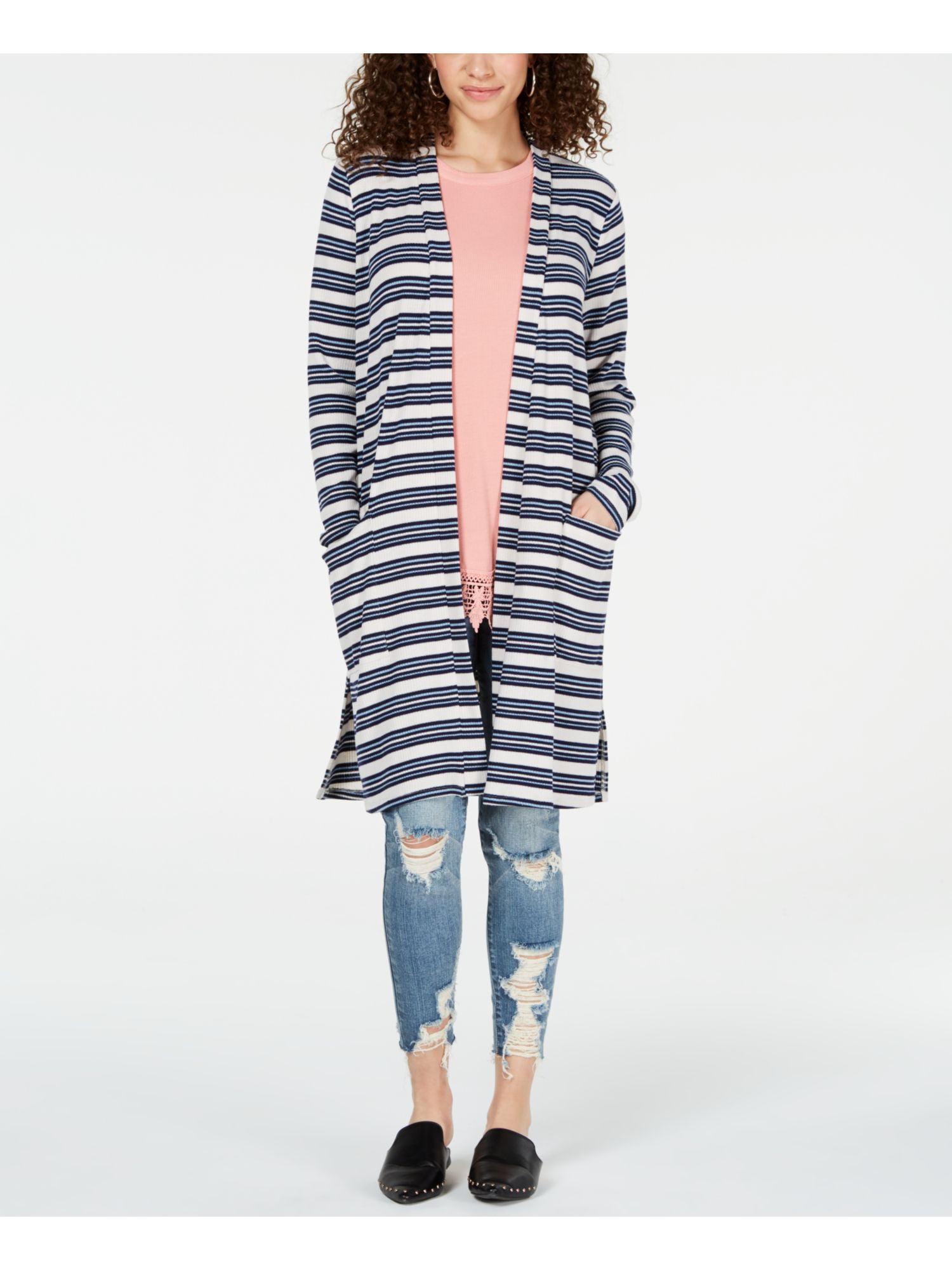 HIPPIE ROSE Womens Blue Pocketed Striped Long Sleeve Open Cardigan ...