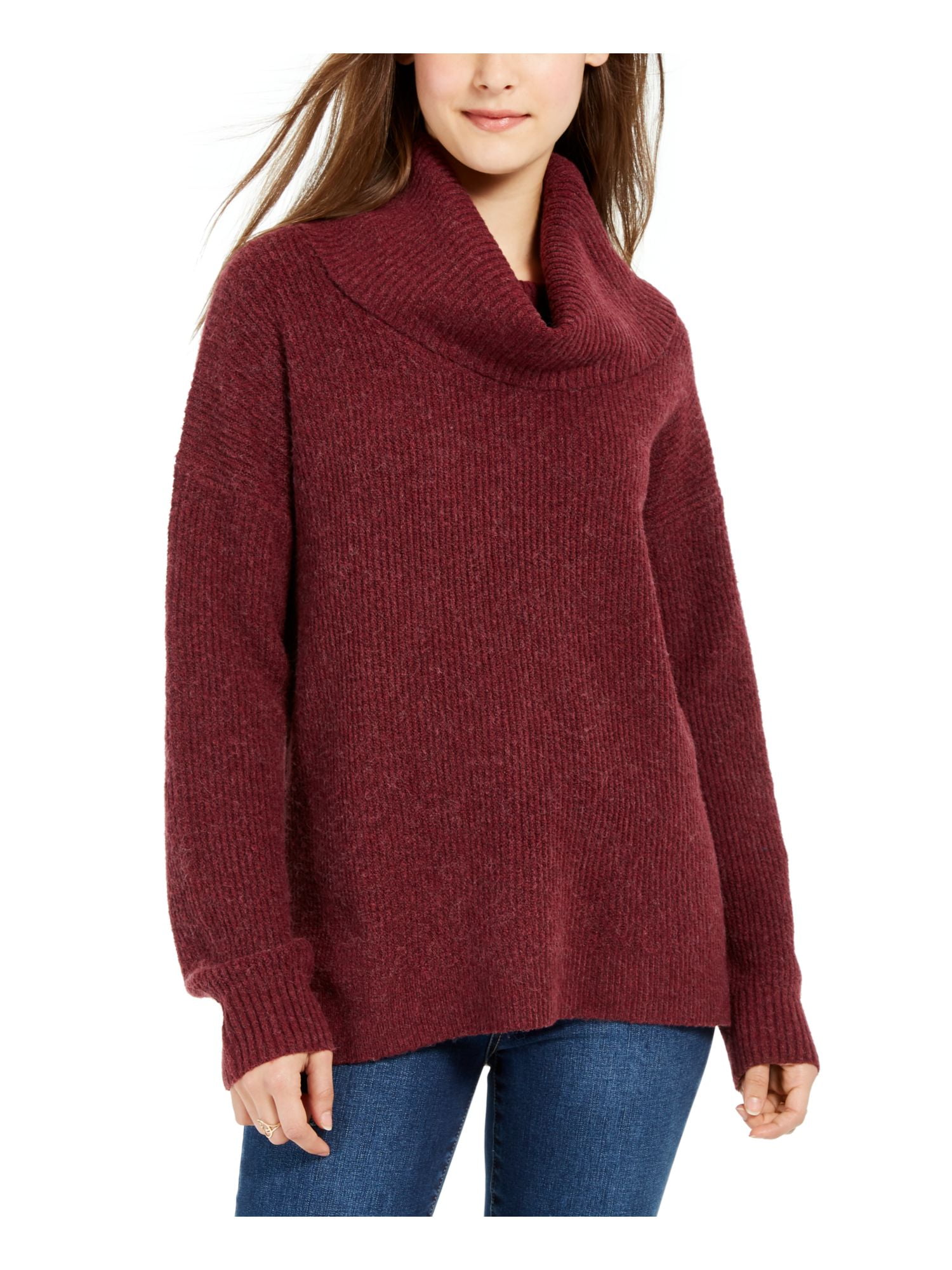 HIPPIE ROSE Womens Burgundy Ribbed Long Sleeve Cowl Neck Sweater M ...