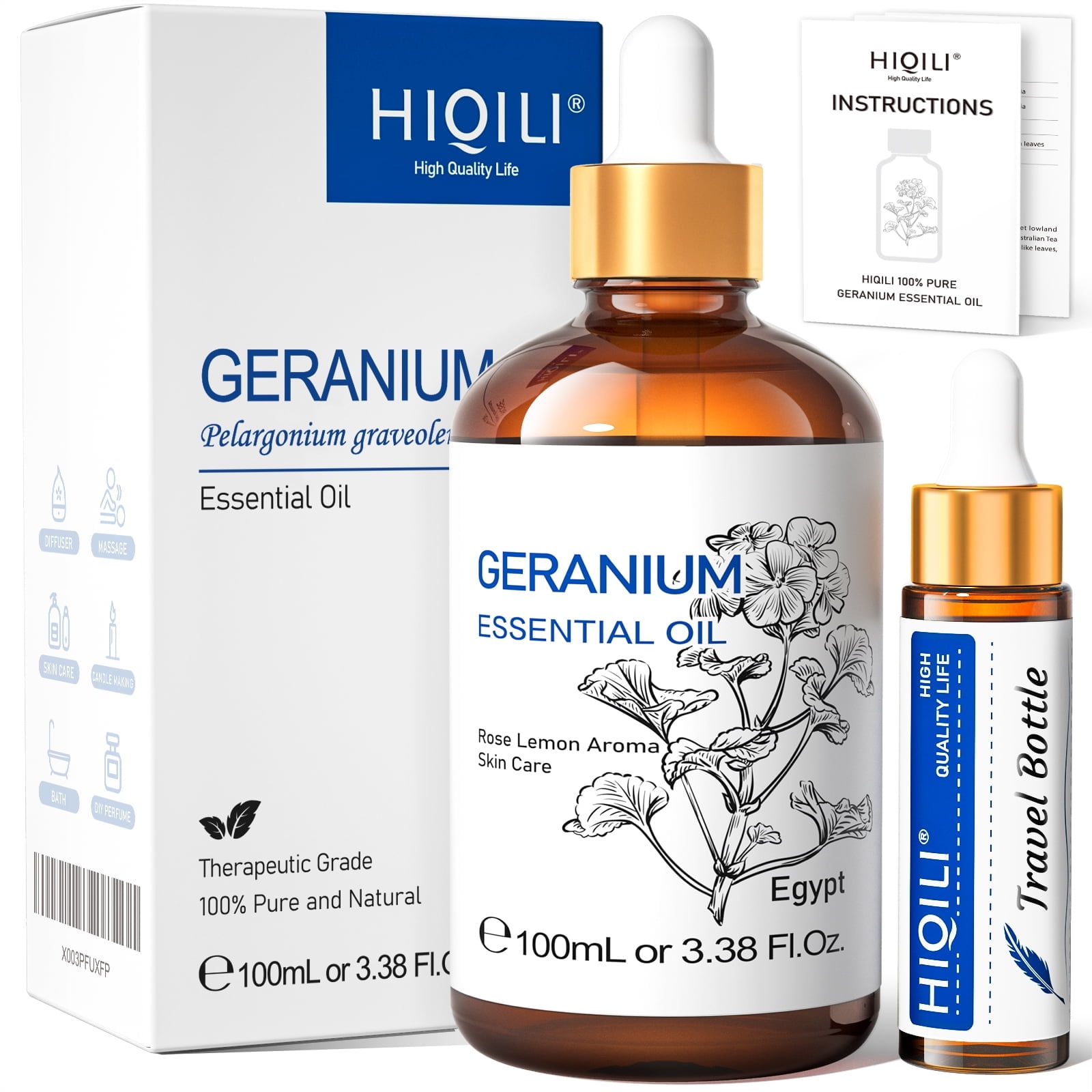 HIQILI 100mL/ 3.38 Fl.Oz Geranium Oil, Premium Grade Essential Oil for ...