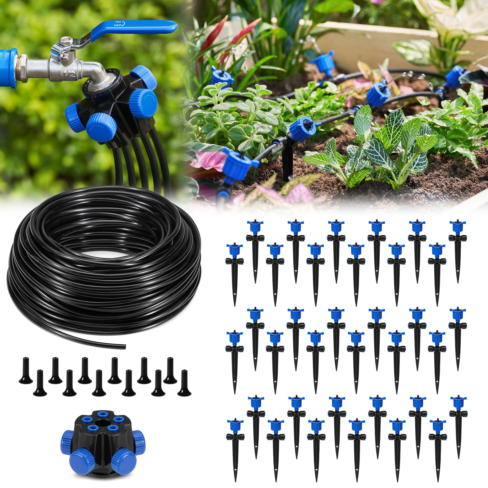 HIRALIY 197FT Garden Watering System with 36Pcs Pressure Compensation Drippers and 5-Way ...