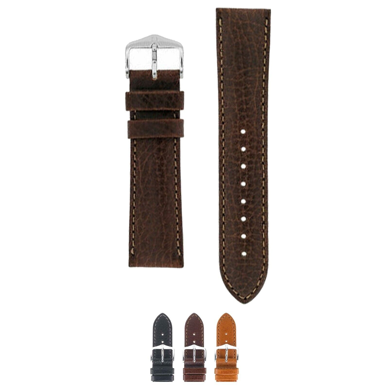 HIRSCH Forest Textured Calf Leather Watch Strap - Brown Band / Silver ...