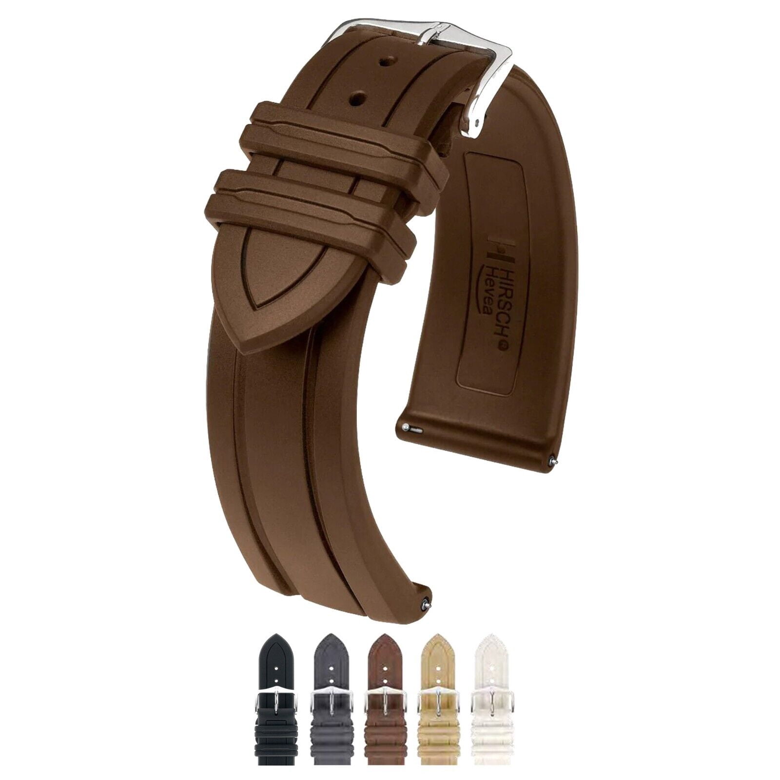 HIRSCH Hevea Caoutchouc Watch Strap - Brown Band / Silver Buckle - L ...