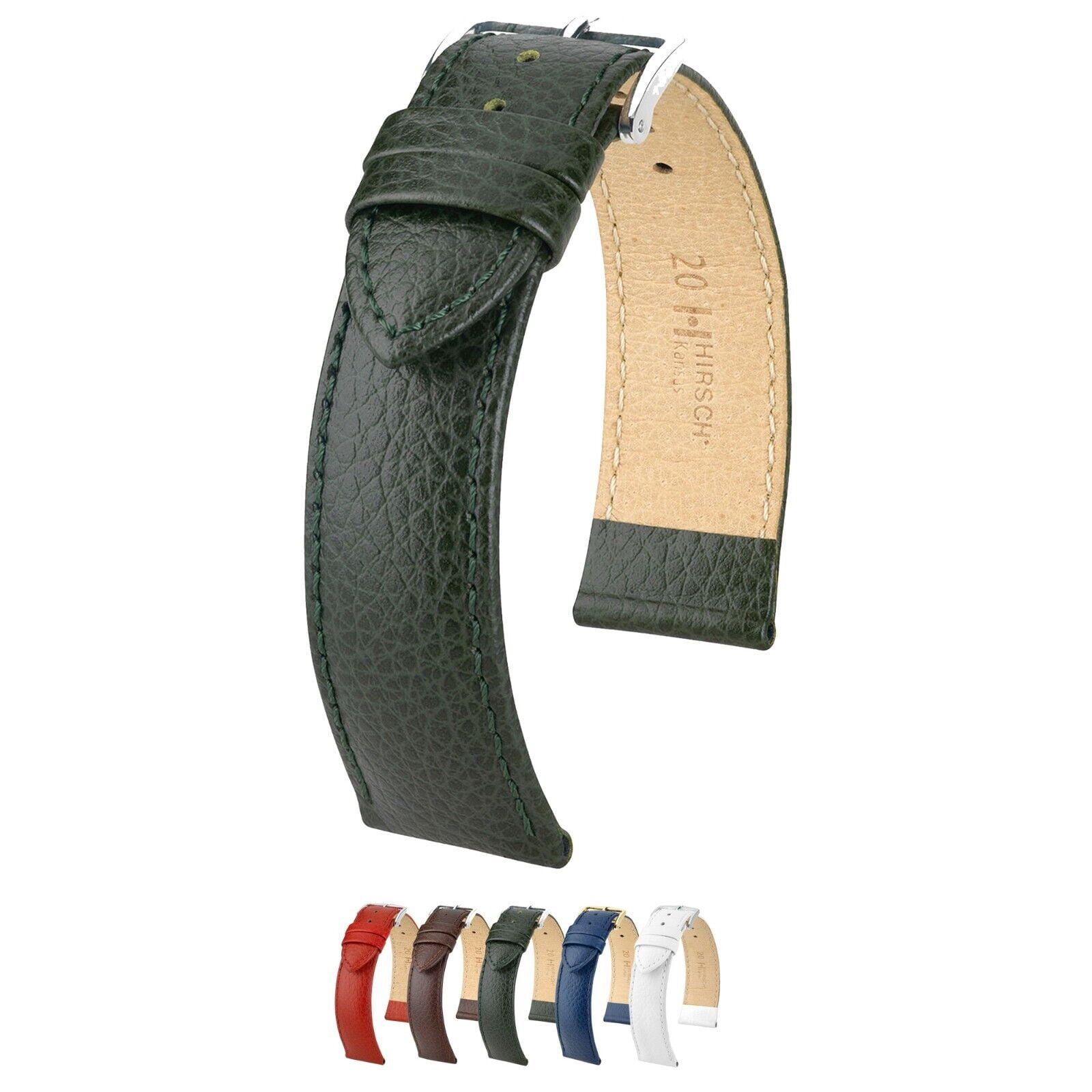 HIRSCH Kansas Buffalo Grain Leather Watch Strap - Green Band / Silver ...