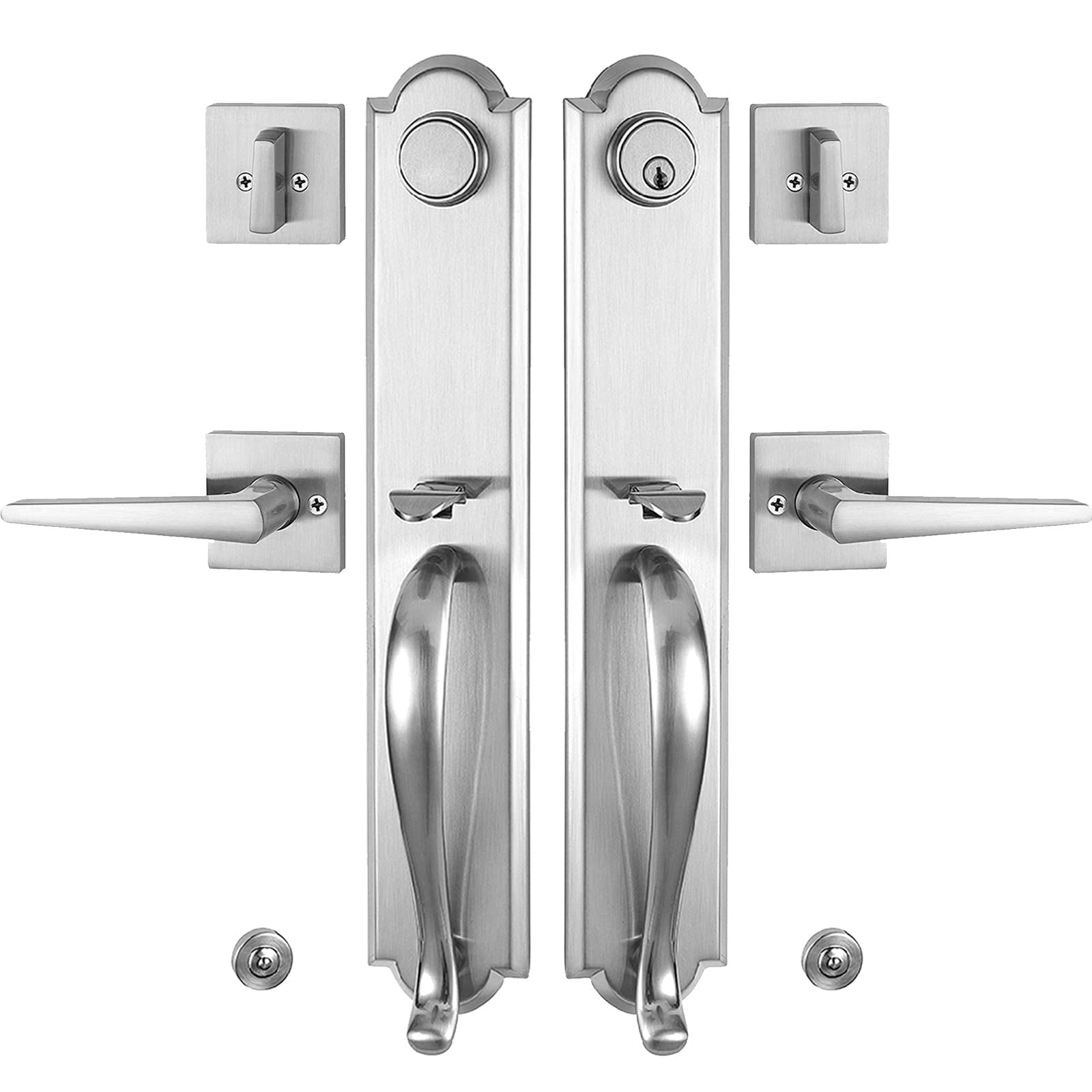 HISAFE Front Door Handle Double Door Lock Set with Camelot Trim in Satin Nickel, Entrance Handle ...
