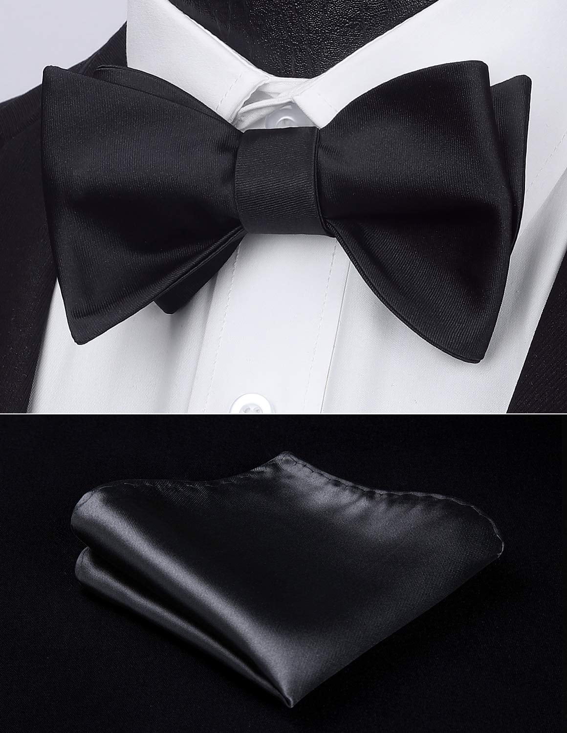 HISDERN Men's Self Tie Black Bow Ties with Pocket Square Set for Formal ...