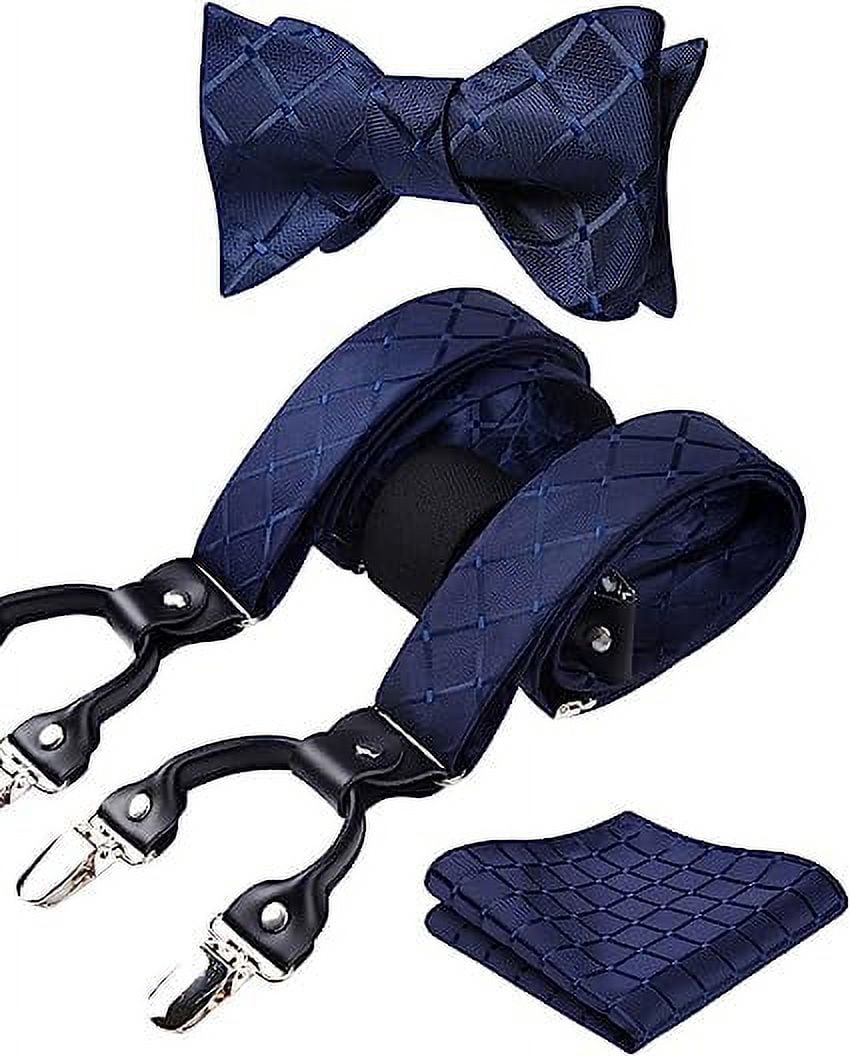 HISDERN Check Suspenders and Bow Tie for Men with Pocket Square Set ...