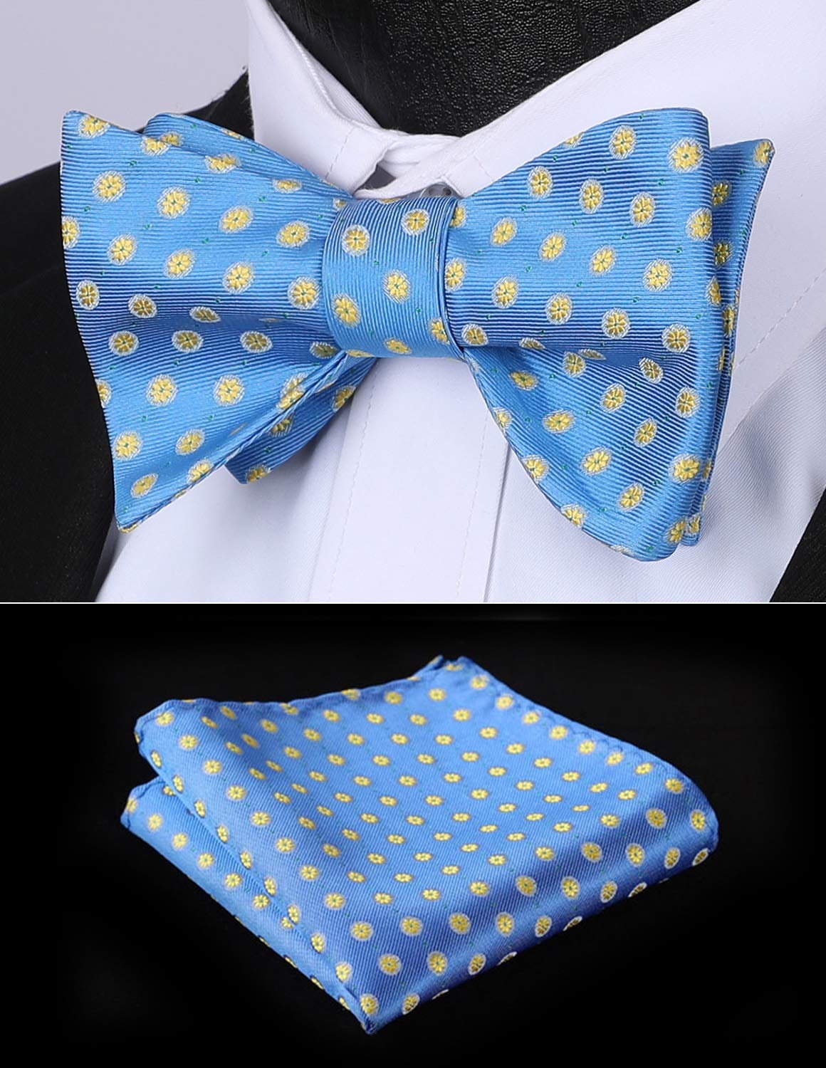 HISDERN Light Blue Men Bow Tie Floral Formal Bowties Handkerchief ...