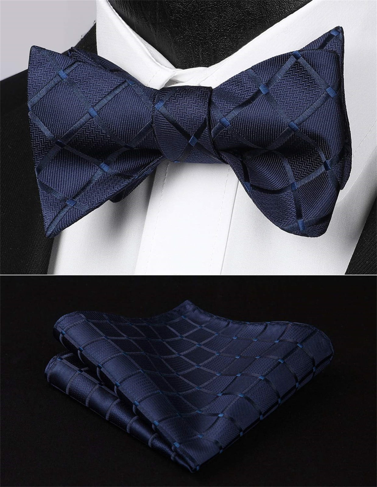 HISDERN Men Plaid Bow Ties Navy Blue Self Tie Bow Tie Formal Tuxedo ...