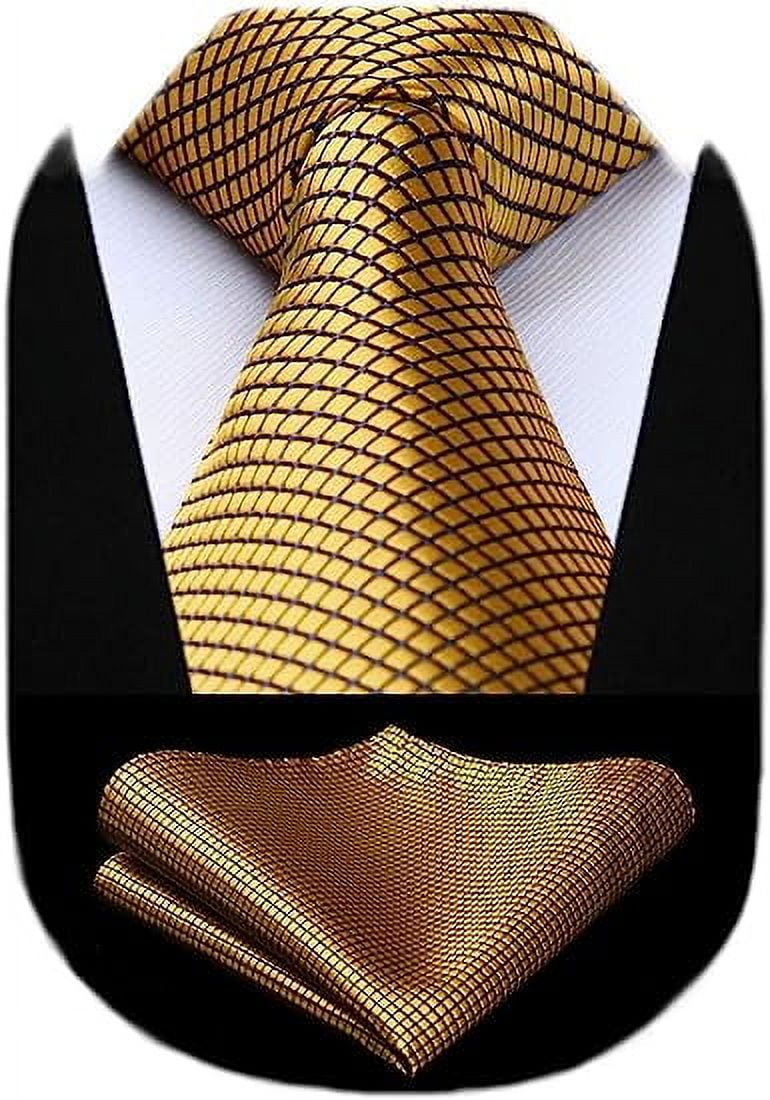 HISDERN Men Plaid Ties Formal Necktie Pocket Square Set Woven Gold Checkered Neckties ...