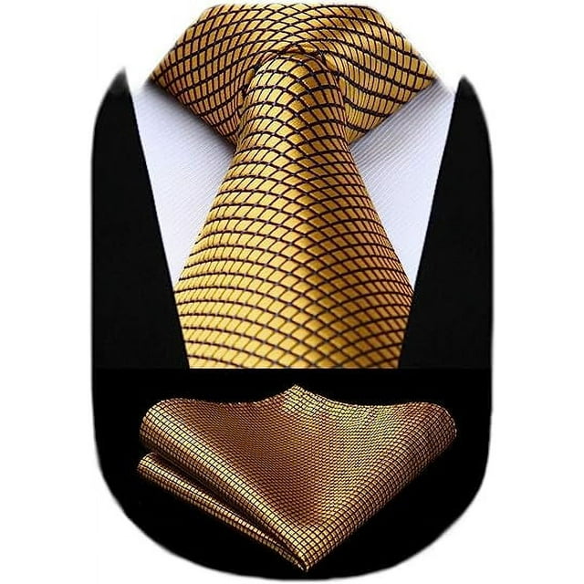 HISDERN Men Plaid Ties Formal Necktie Pocket Square Set Woven Gold ...