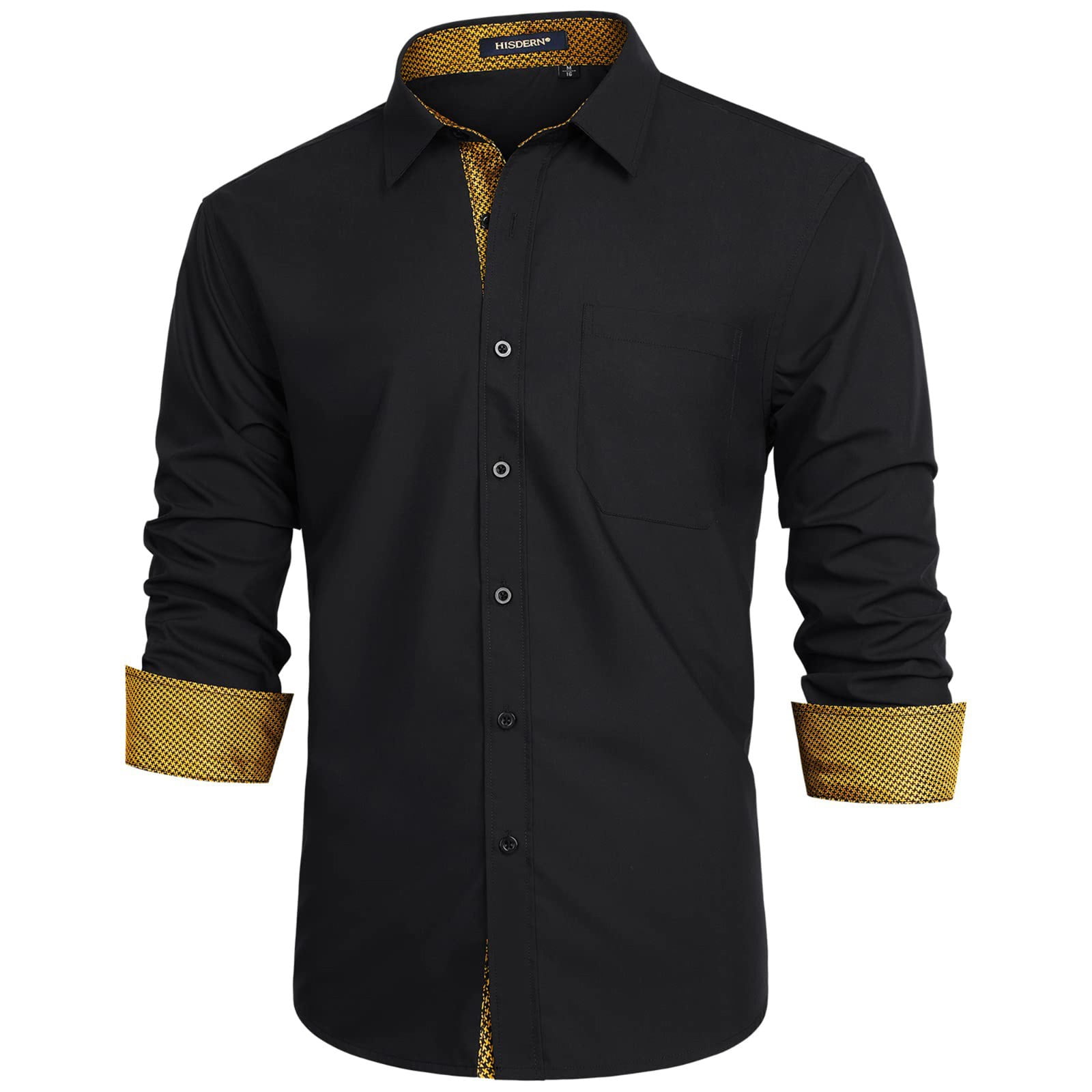 HISDERN Men's Long Sleeve Dress Shirt, Black and Gold, Button Down ...