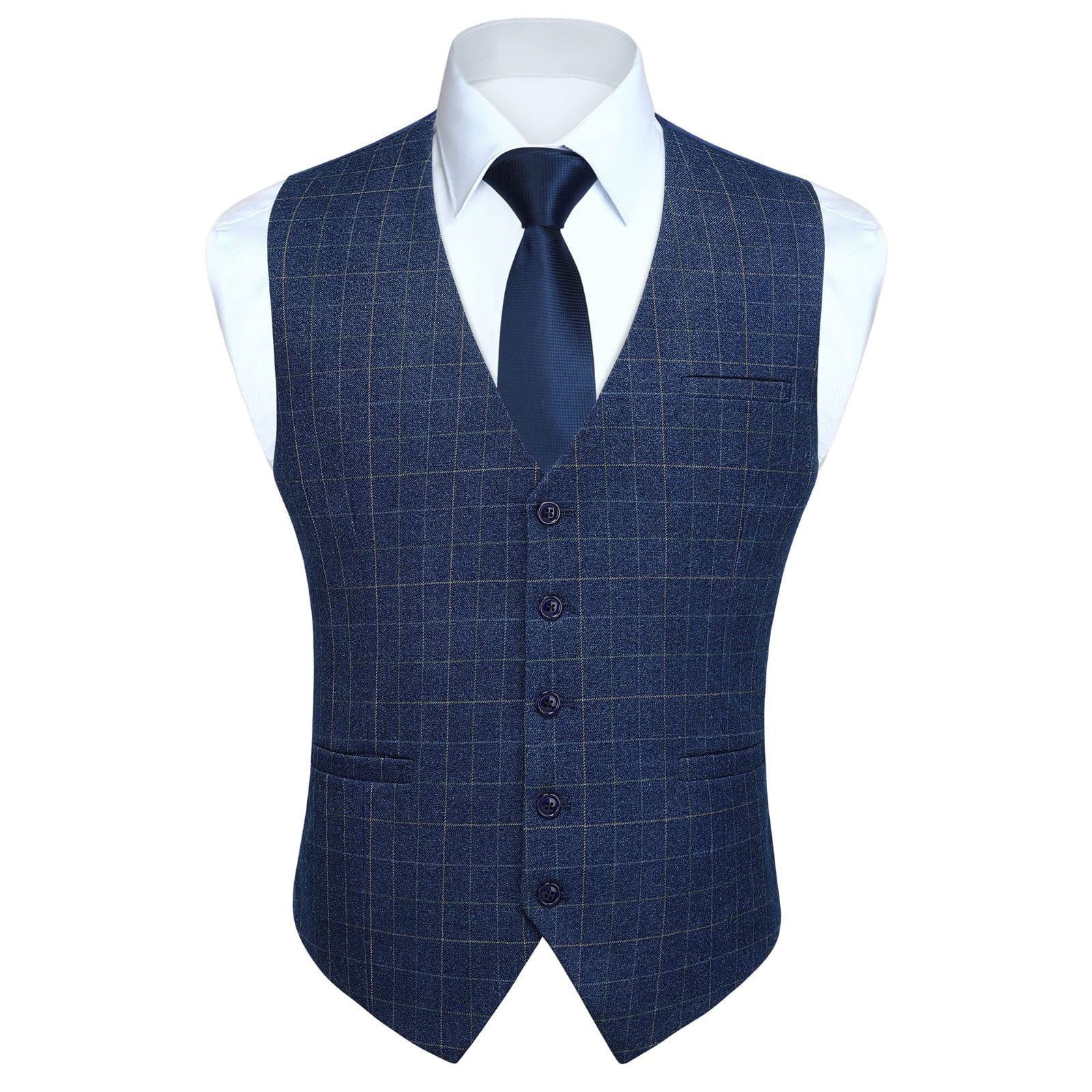 HISDERN Plaid Suit Vests for Men Formal Dress Vest Business Navy Blue ...