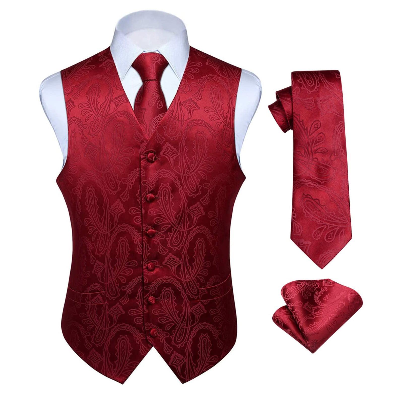 HISDERN Men's Vest Paisley Suit Vest and Tie Set 3PCS Formal Pocket ...