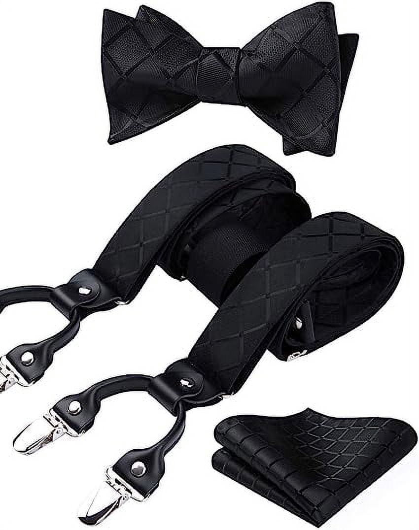 HISDERN Mens Black Plaid Suspender and Bow Tie Set with 3 Strong Clips ...
