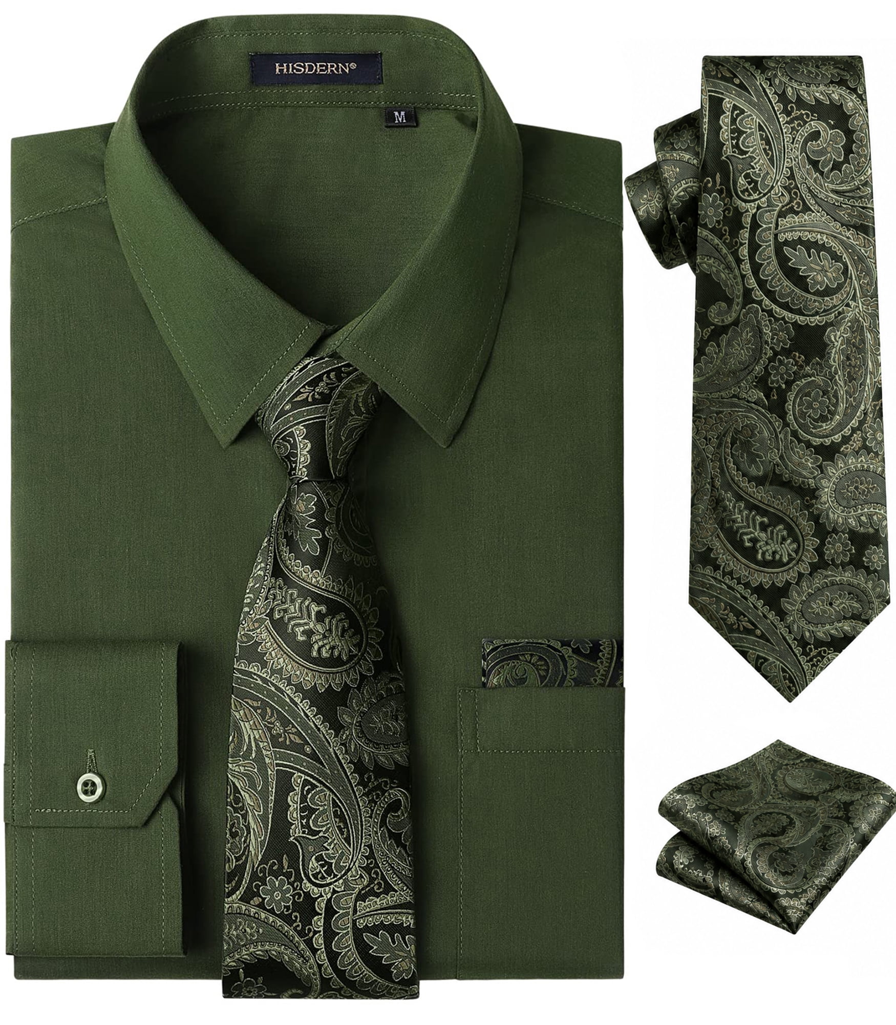 HISDERN Mens Dress Shirt with Tie & Handkerchief Set, Green, XL ...