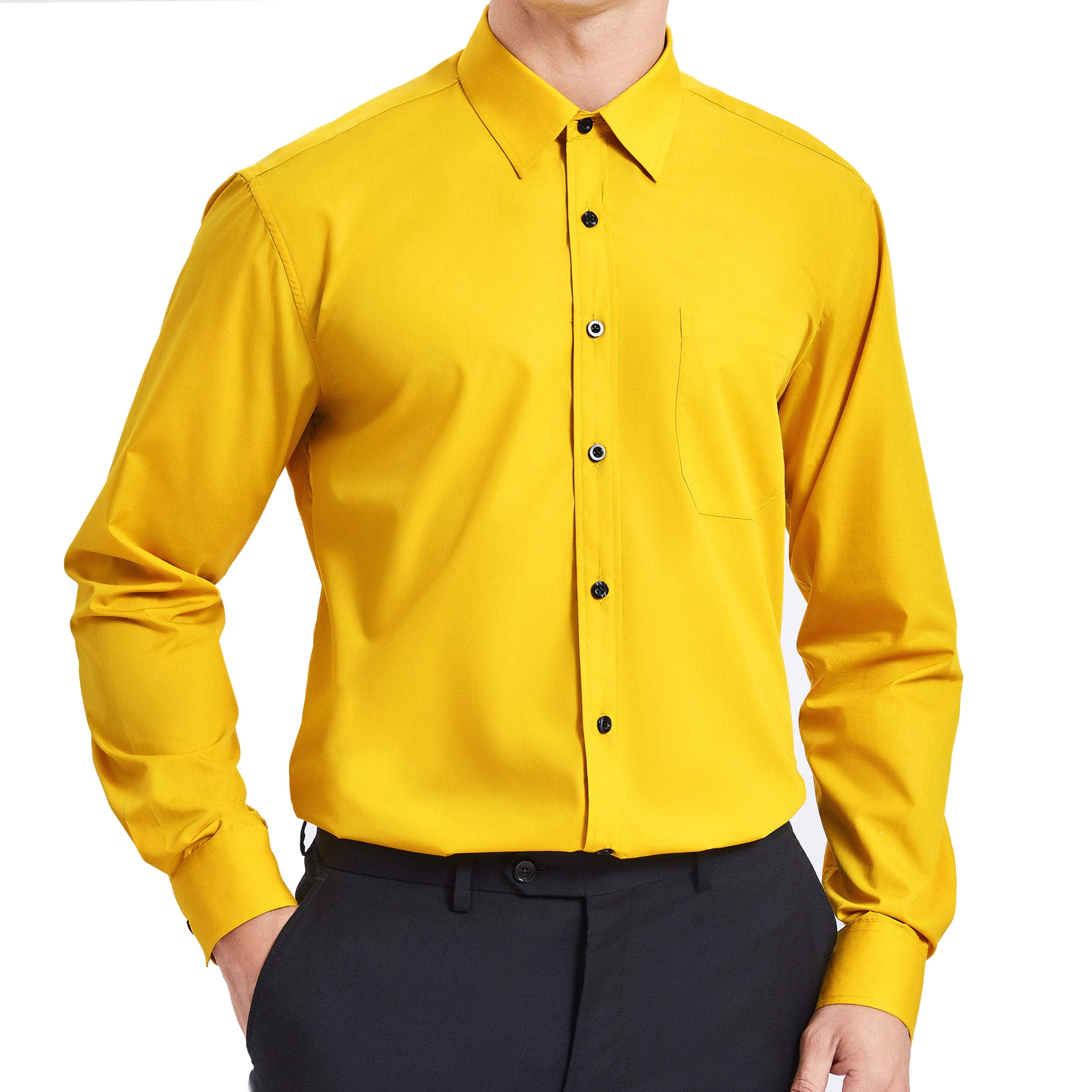 HISDERN Mens Long Sleeve Dress Shirts Yellow Regular Fit Casual Button ...