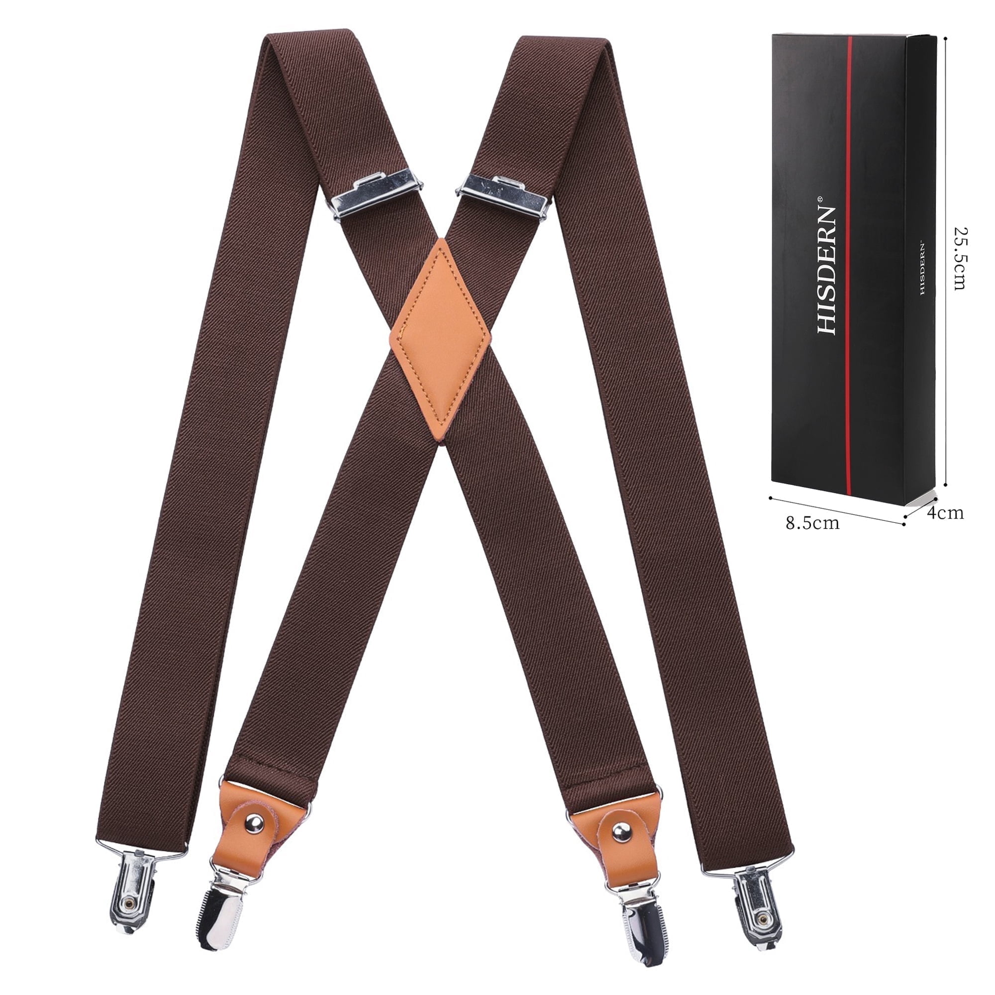 HISDERN Mens Suspenders, Adjustable Elastic Dark Brown, 4 Clips X-Back ...