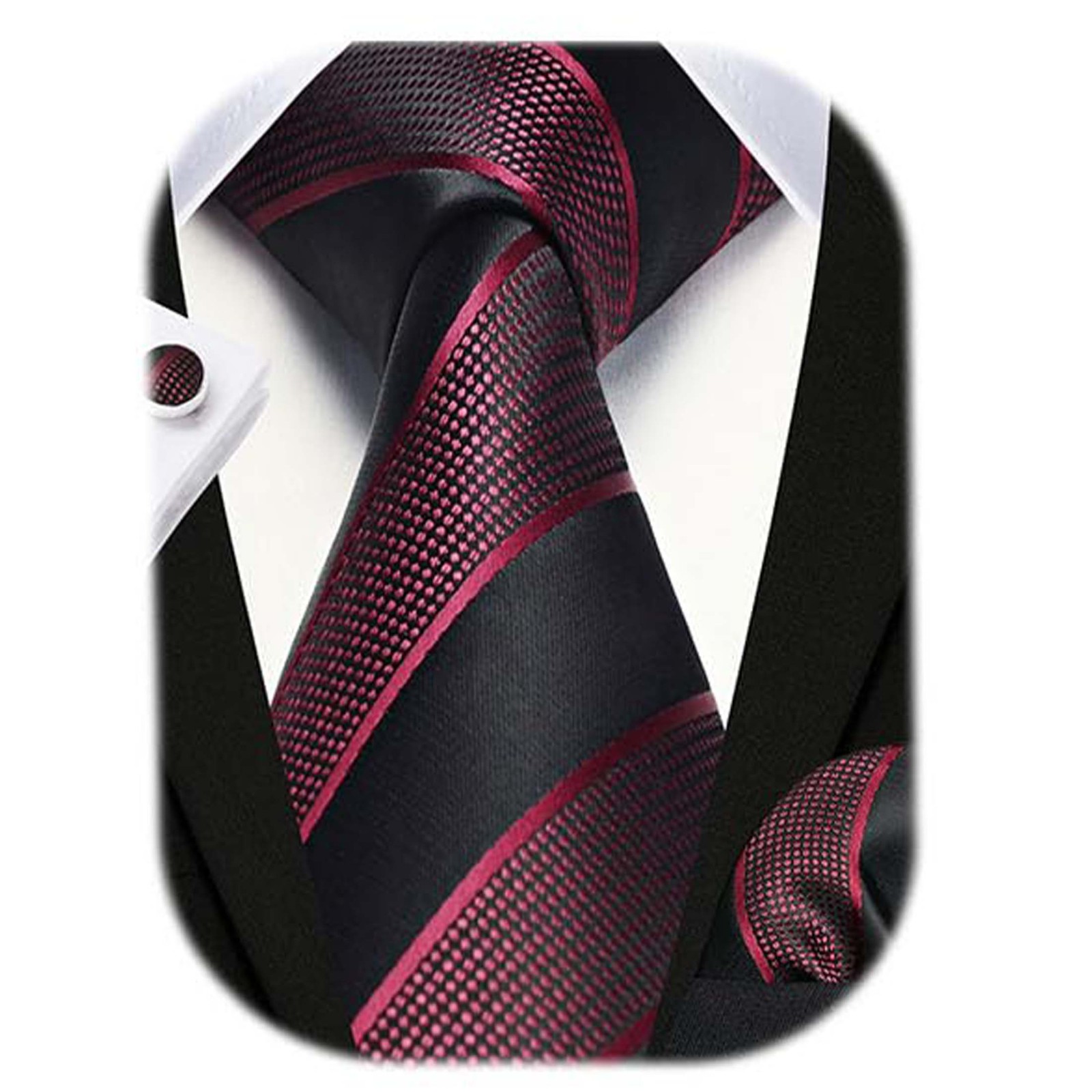 HISDERN Red Black Mens Tie Set Silk Striped Pocket Square Cufflinks Set ...
