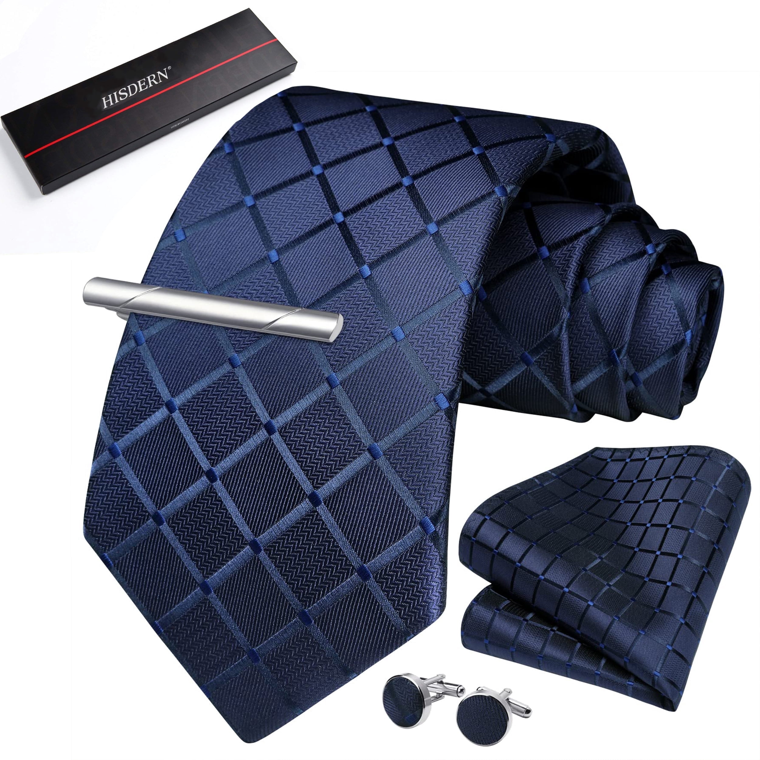 HISDERN Navy Blue Ties for Men Classic Plaid Necktie Set Handkerchief ...