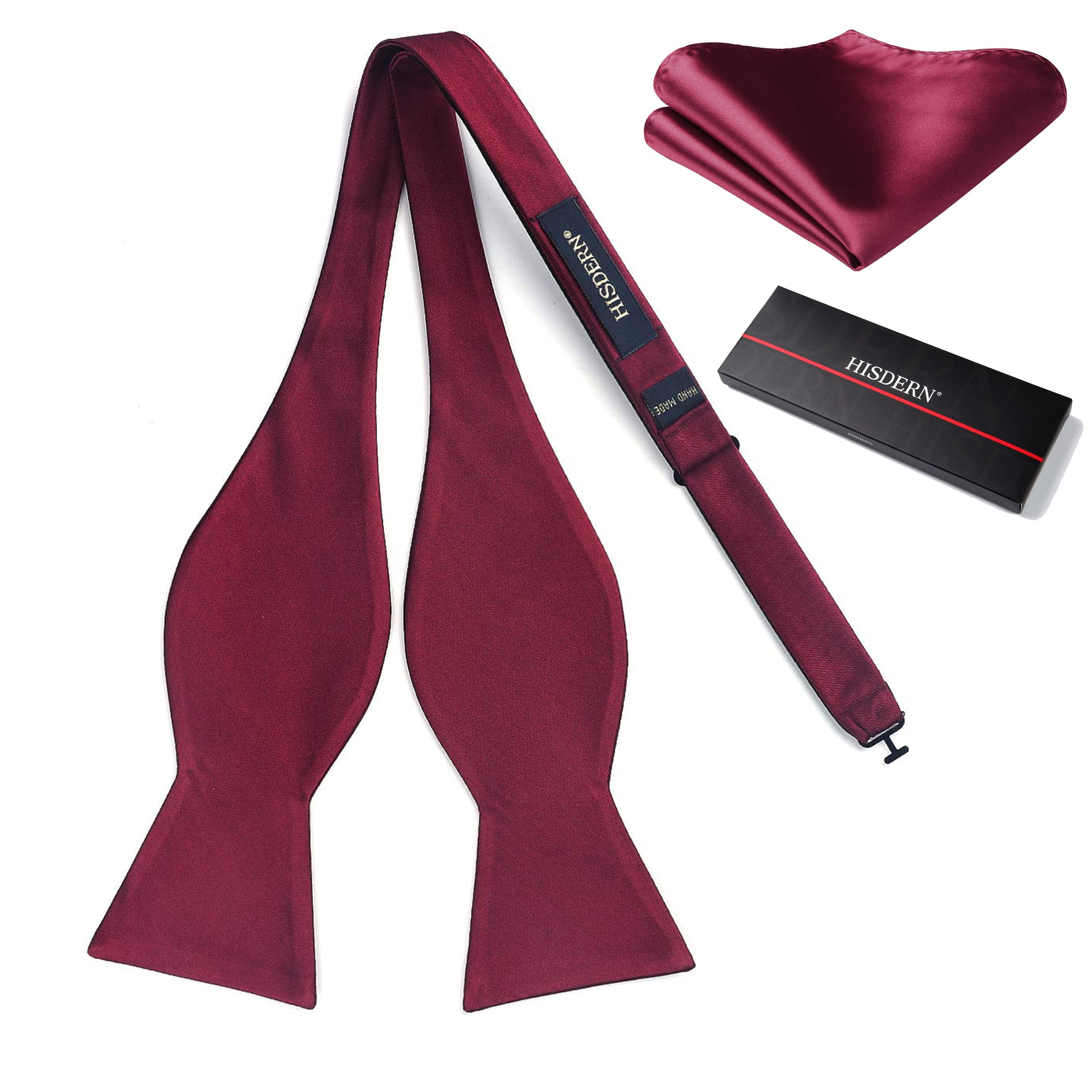 HISDERN Red Bow Ties for Men Self Tie Bow Tie Wedding Bowties Formal Satin Bowtie Pocket Square ...