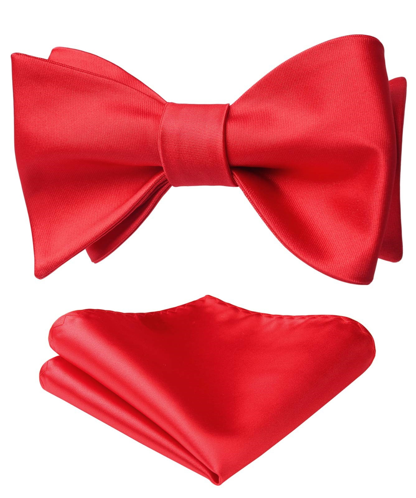 HISDERN Men's Red Solid Self Tie Bow Tie & Pocket Square Set, Classic Formal Satin Bowties ...