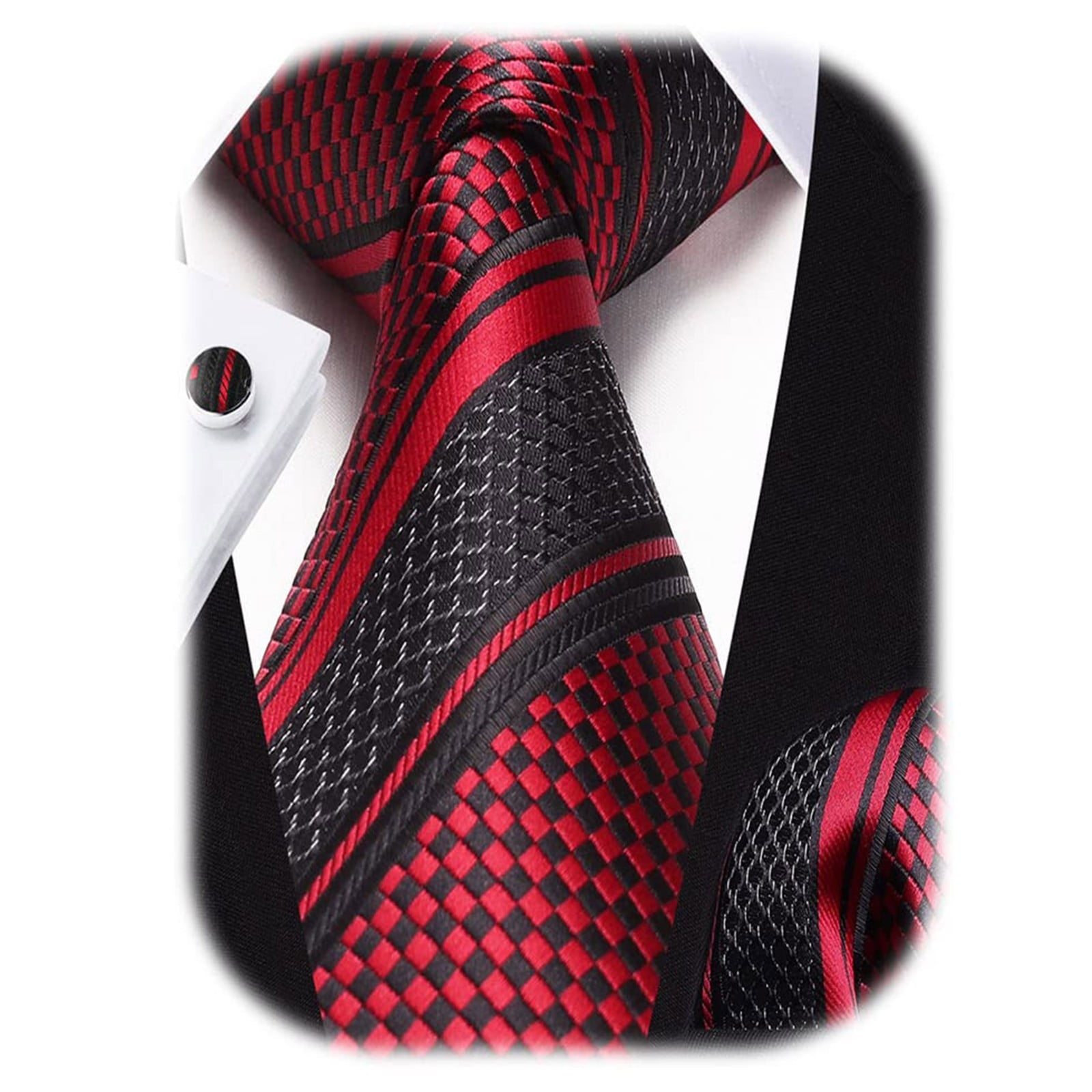HISDERN Red Ties for Men Stripe Plaid Ties and Pocket Square Cufflinks ...