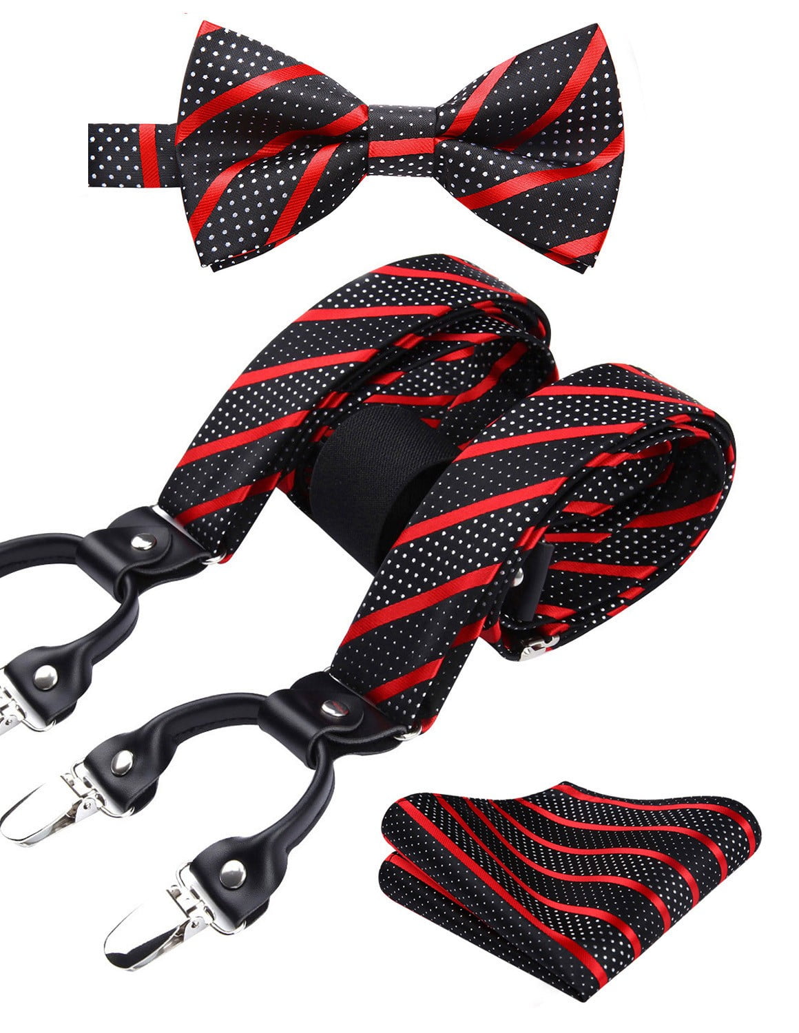HISDERN Stripe Bow Tie Suspenders Set Mens Handkerchief Set Y Shape 6 ...
