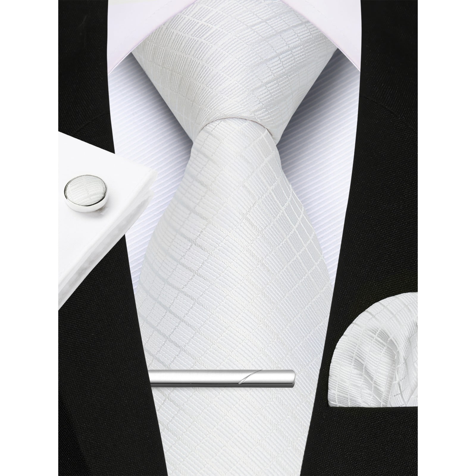 HISDERN White Plaid Ties for Men Necktie and Pocket Square Cufflinks ...