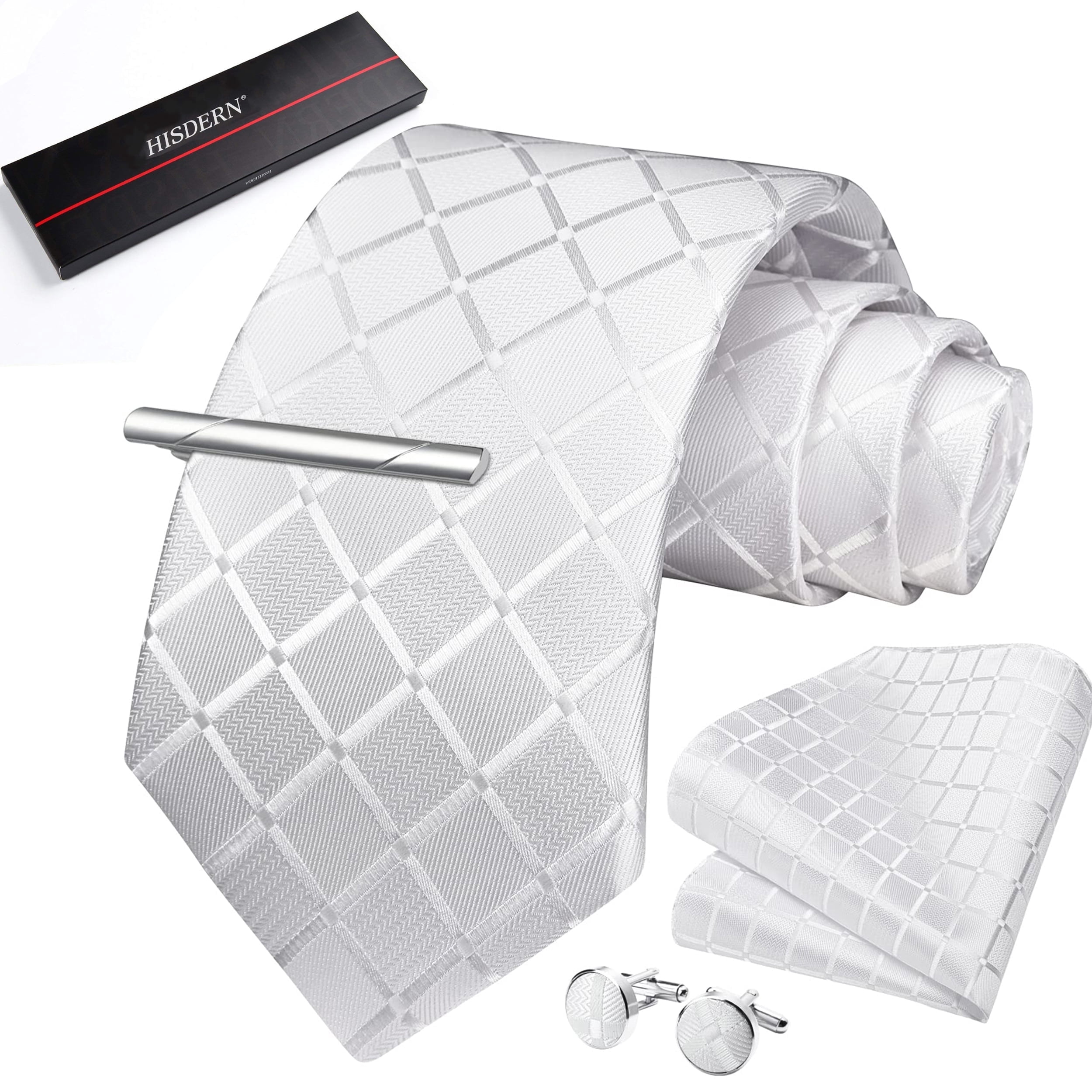 HISDERN White Ties for Men Formal Plaid Silk Woven Necktie and Pocket ...