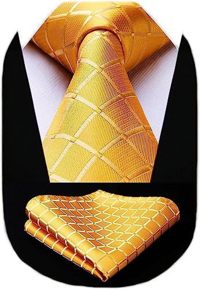 HISDERN Men's Plaid Checkered Tie & Handkerchief Set, Formal Yellow ...