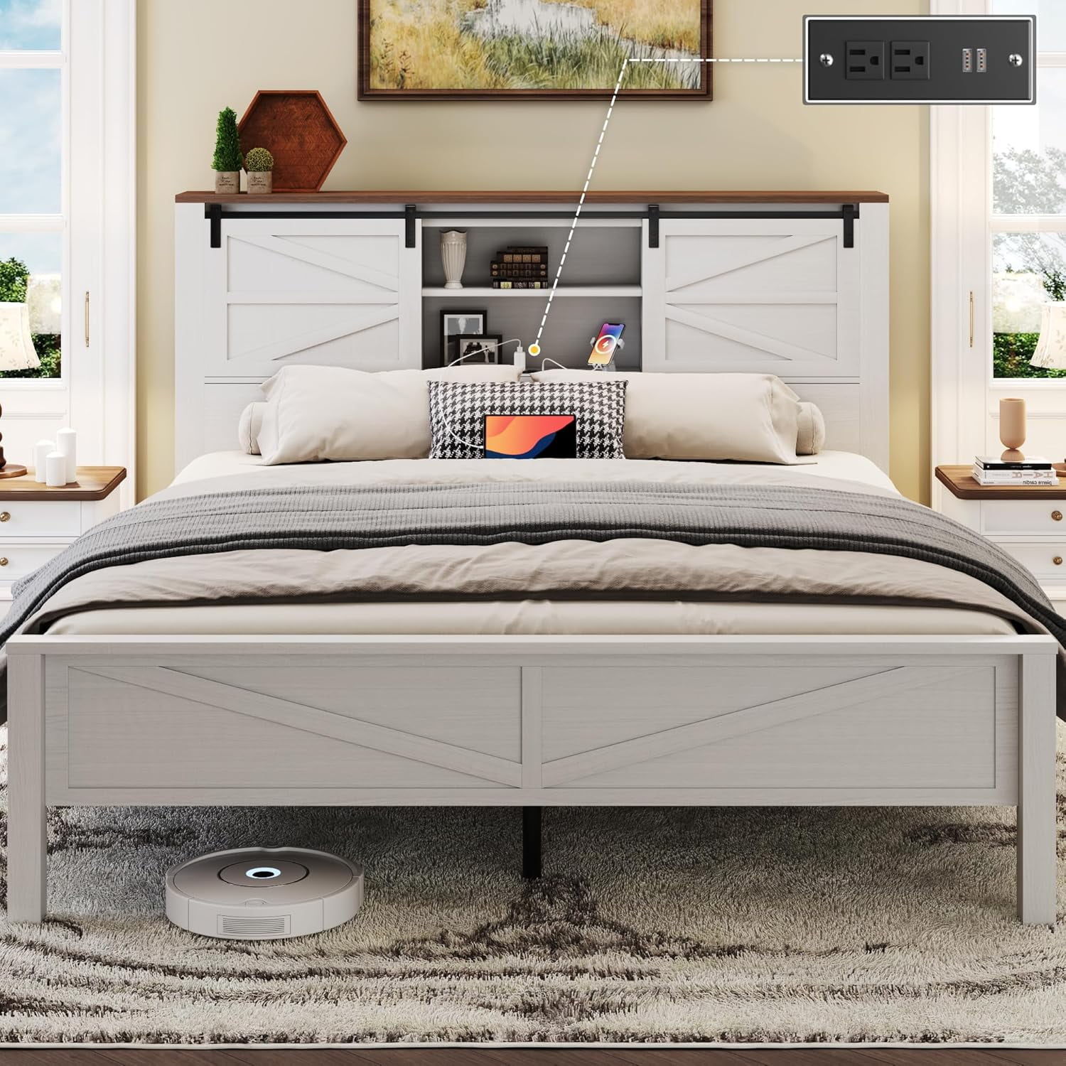 HISOFT Farmhouse Queen Bed Frame with Storage Headboard, Sliding Barn ...