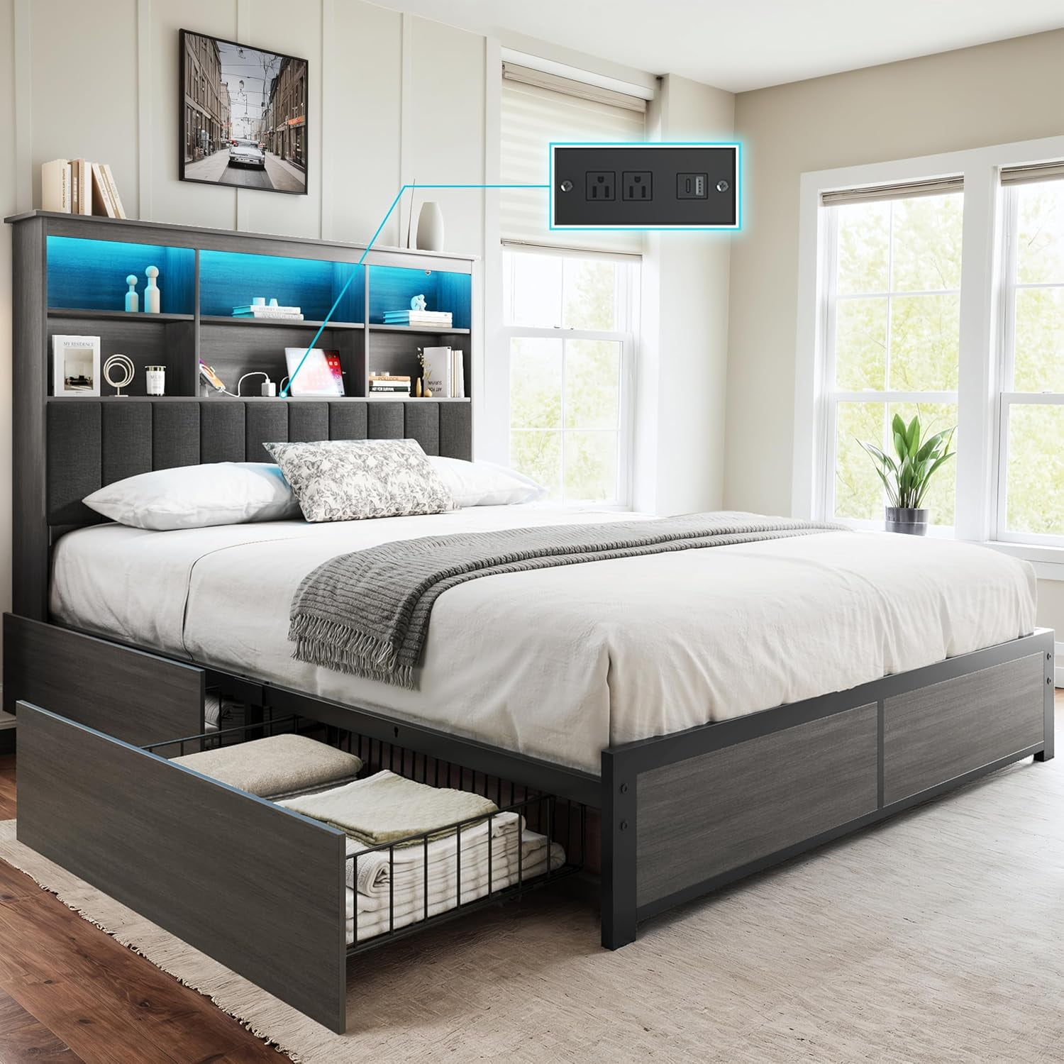 HISOFT Queen Bed Frame with Storage Headboard, Wood Bed Frame with High ...