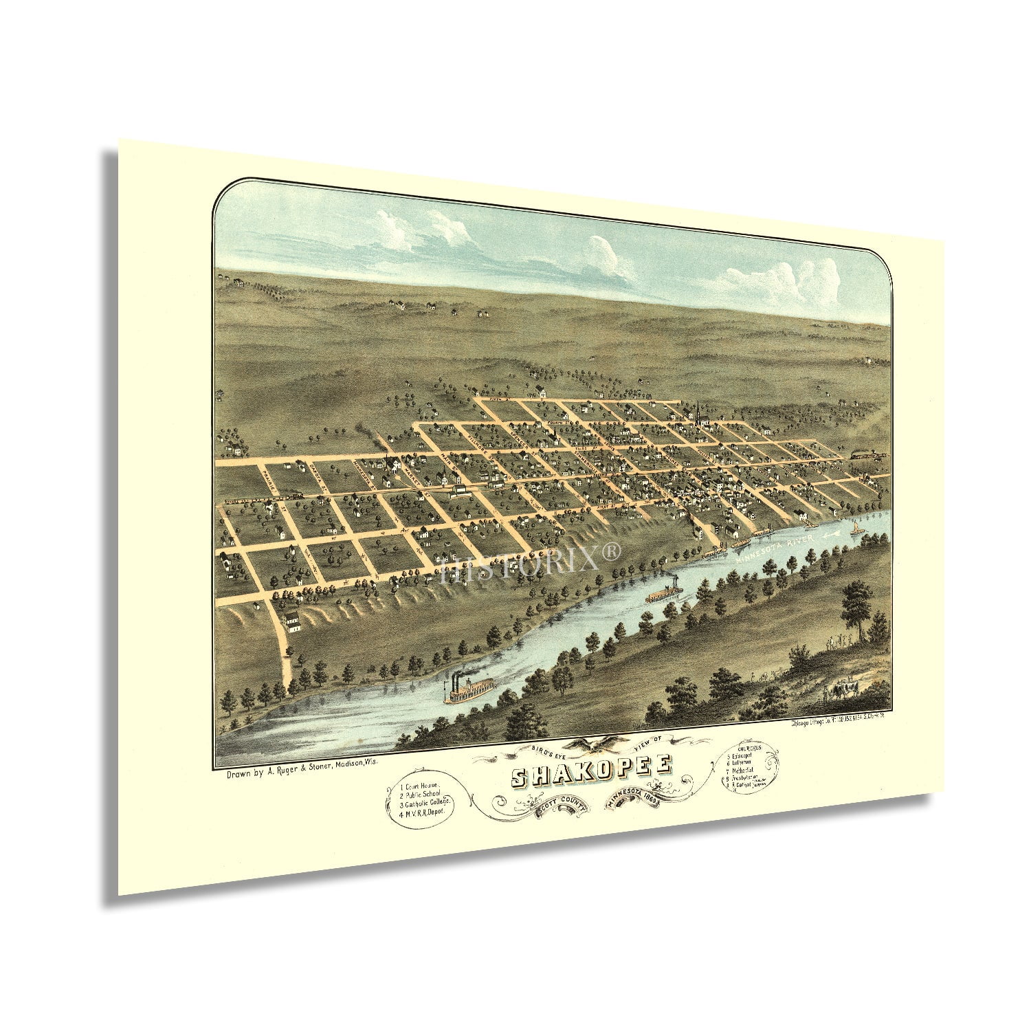 HISTORIX 1869 Shakopee Scott County Minnesota Map Vintage Poster Wall ...