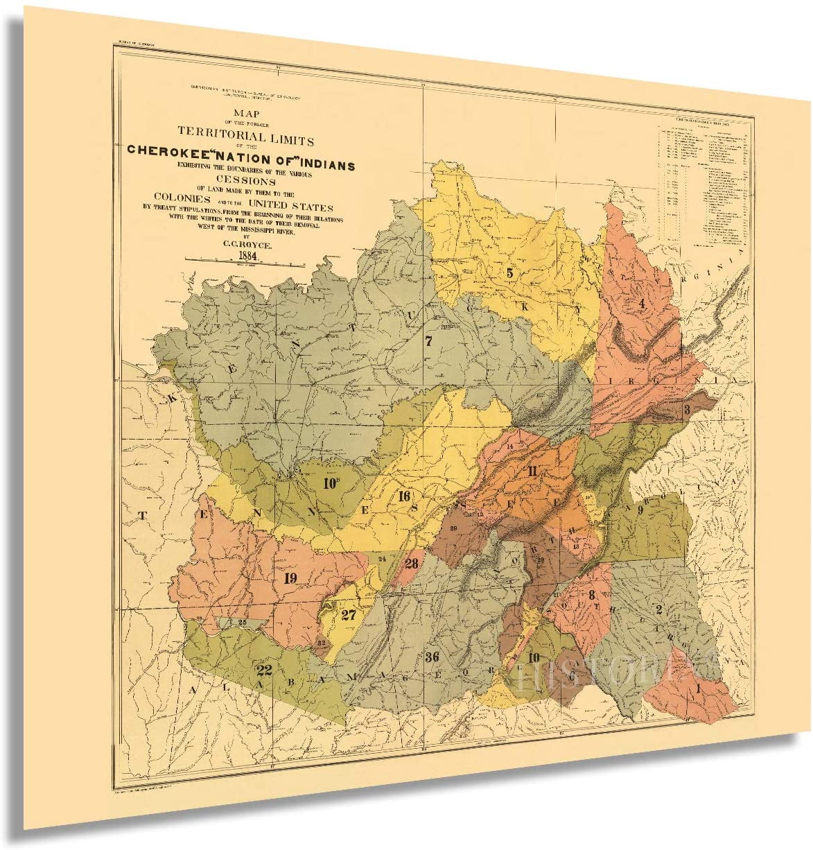 HISTORIX 1884 Cherokee Nation of Indians Map Vintage Poster Wall Art ...