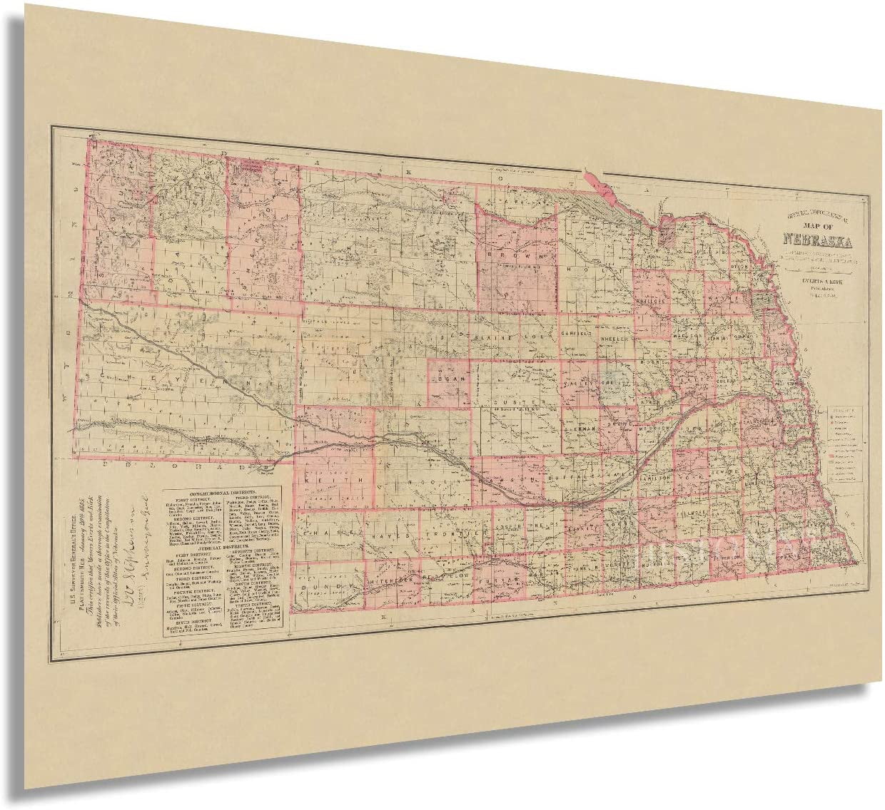 HISTORIX 1885 Nebraska Map - 24x36 Inch Vintage Map of Nebraska Wall ...