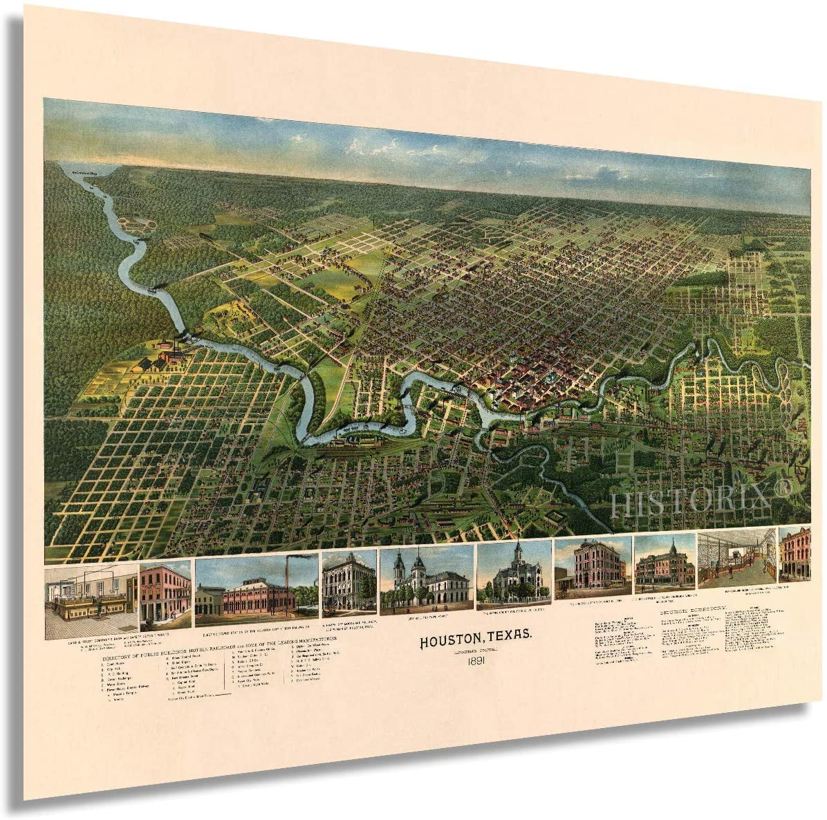 HISTORIX 1891 Houston Texas Map - 18x24 Inch Old Houston Texas Wall Art ...