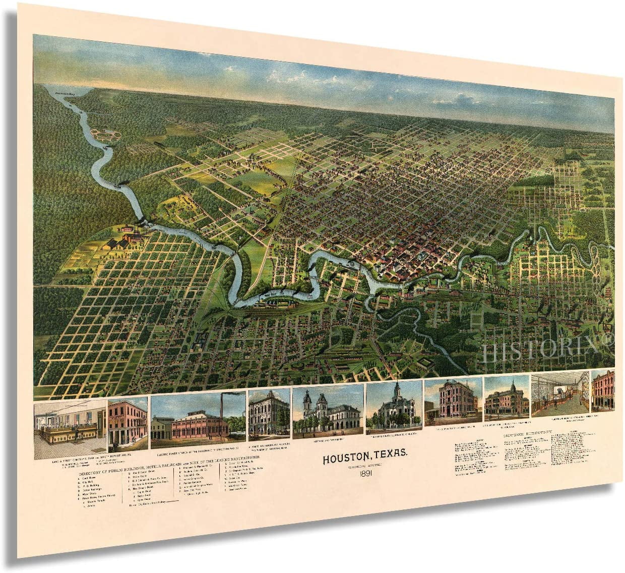 HISTORIX 1891 Houston Texas Map - 24x36 Inch Old Houston Texas Wall Art ...