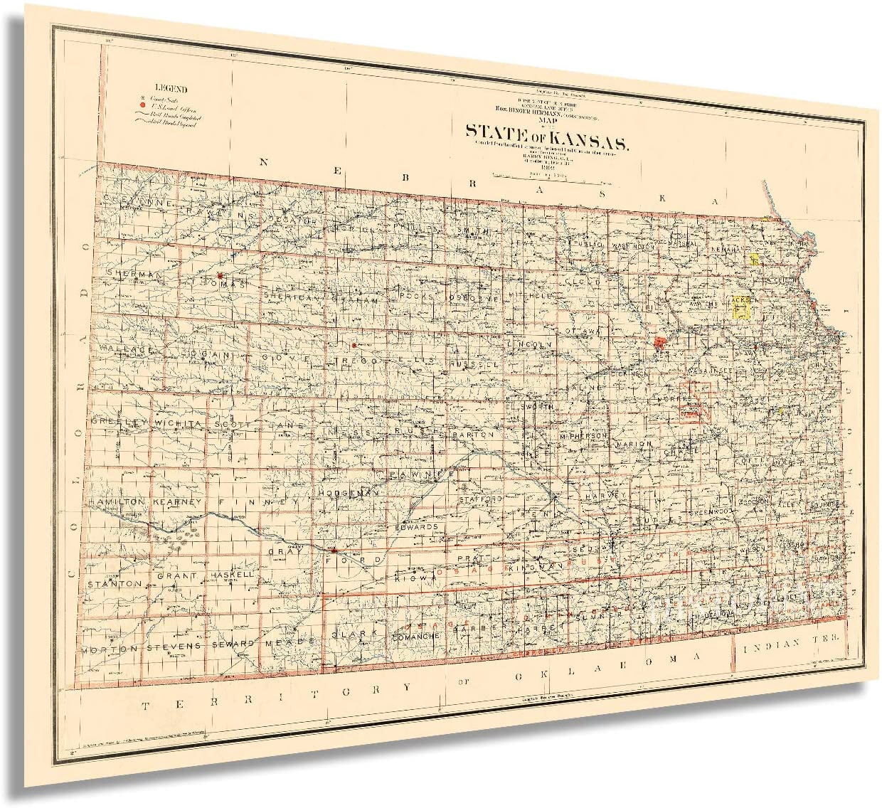 HISTORIX 1898 Kansas State Map - 24x36 Inch Vintage Map of Kansas Wall ...