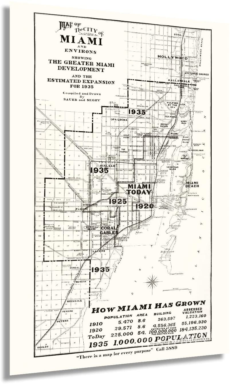 HISTORIX 1925 Miami Florida Vintage Map Poster Wall Art Print, 24 x 36 ...