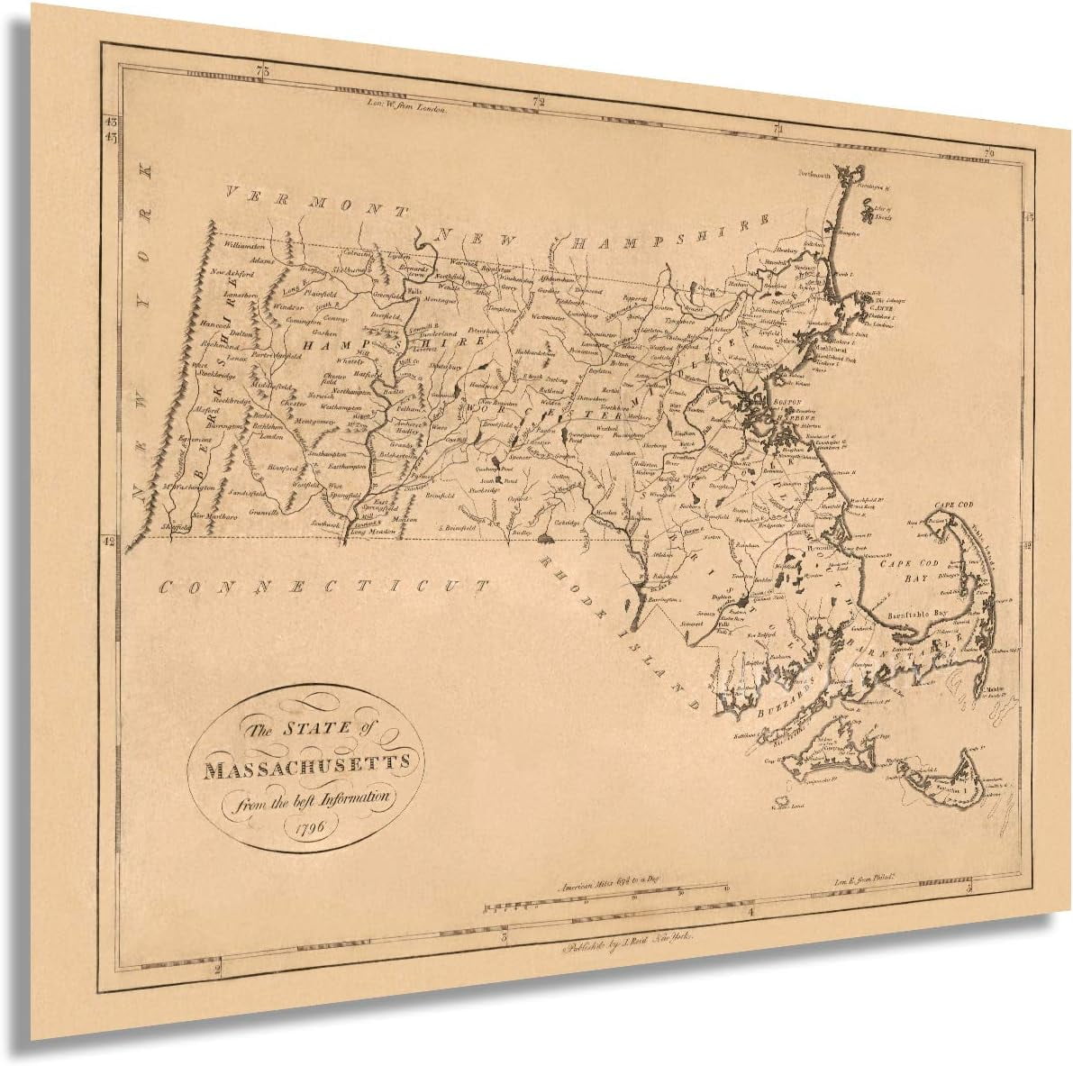 HISTORIX Vintage 1796 Map of Massachusetts - 18x24 Inch Vintage Map of ...