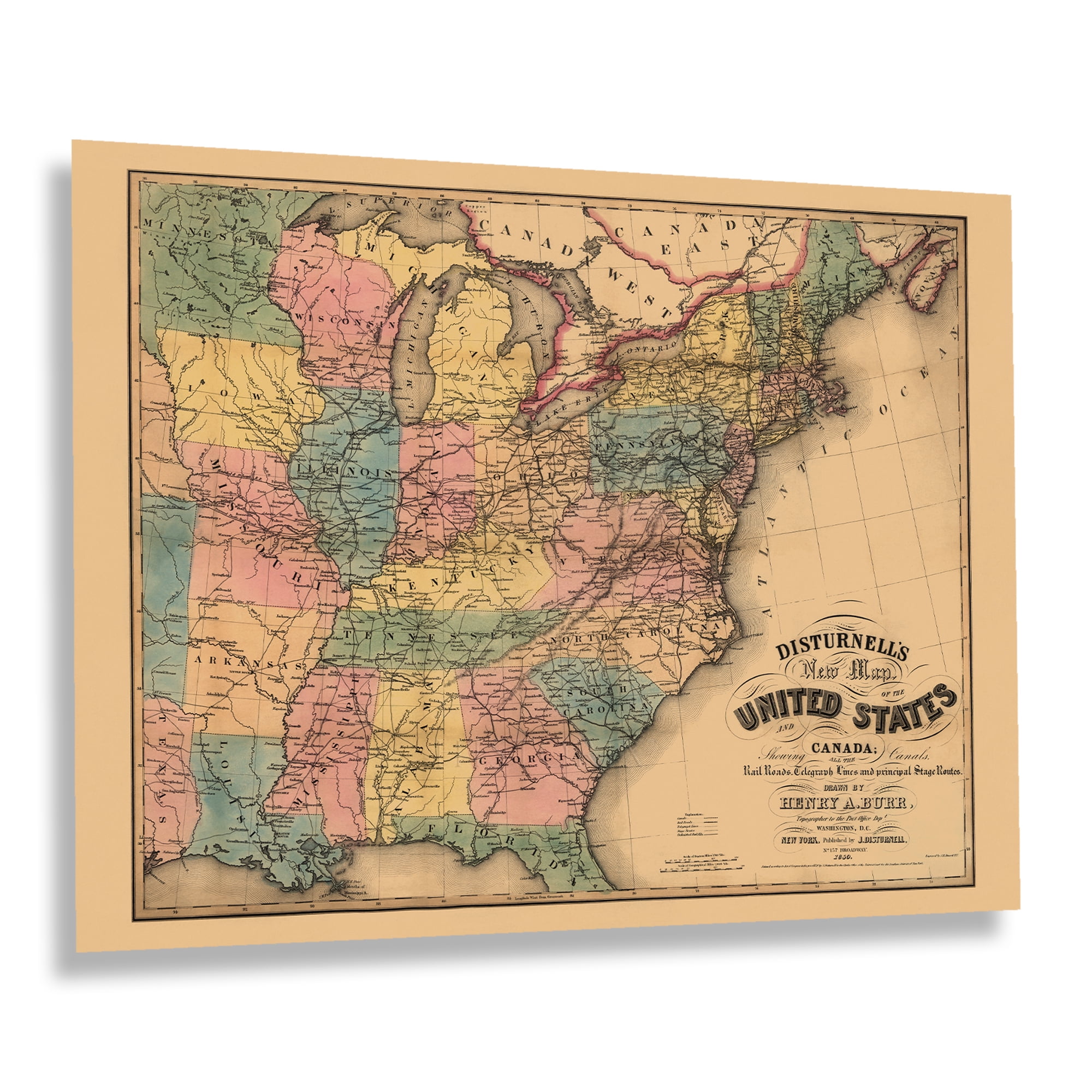 HISTORIX Vintage 1850 Map of United States and Canada Poster - Vintage ...