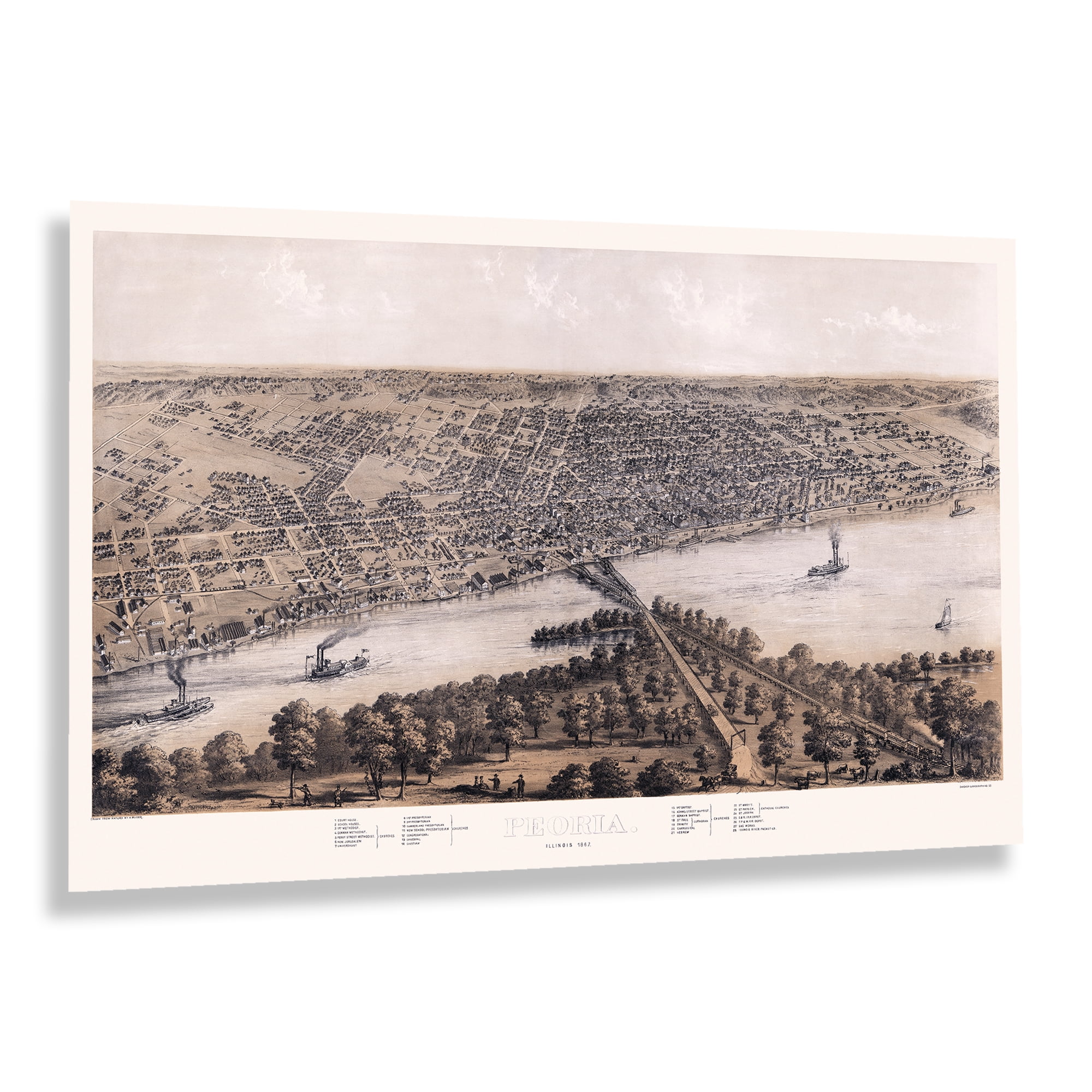 HISTORIX Vintage 1867 Peoria Illinois Map Poster - Old Bird's Eye View ...